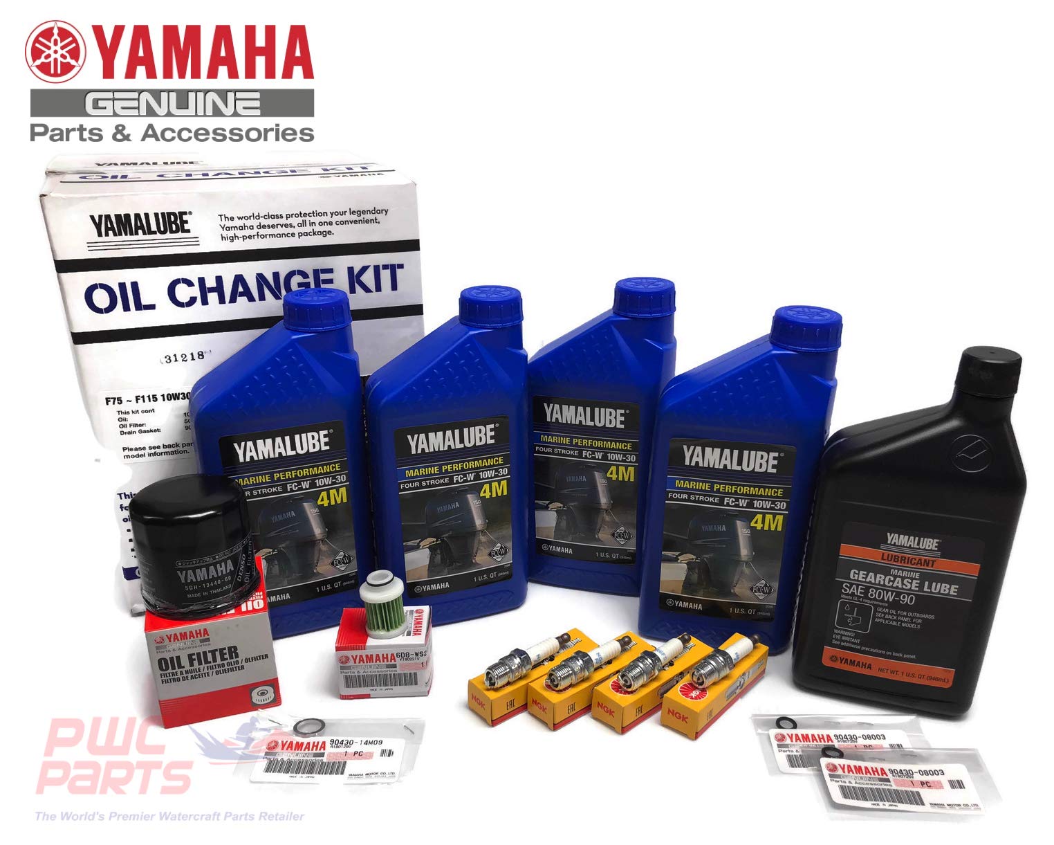 YAMAHA 2000-2005 F115 Oil Change 10W30 FC 4M Lower Unit Gear Lube Drain Fill Gasket NGK Spark Plugs LFR6A-11 Maintenance Kit