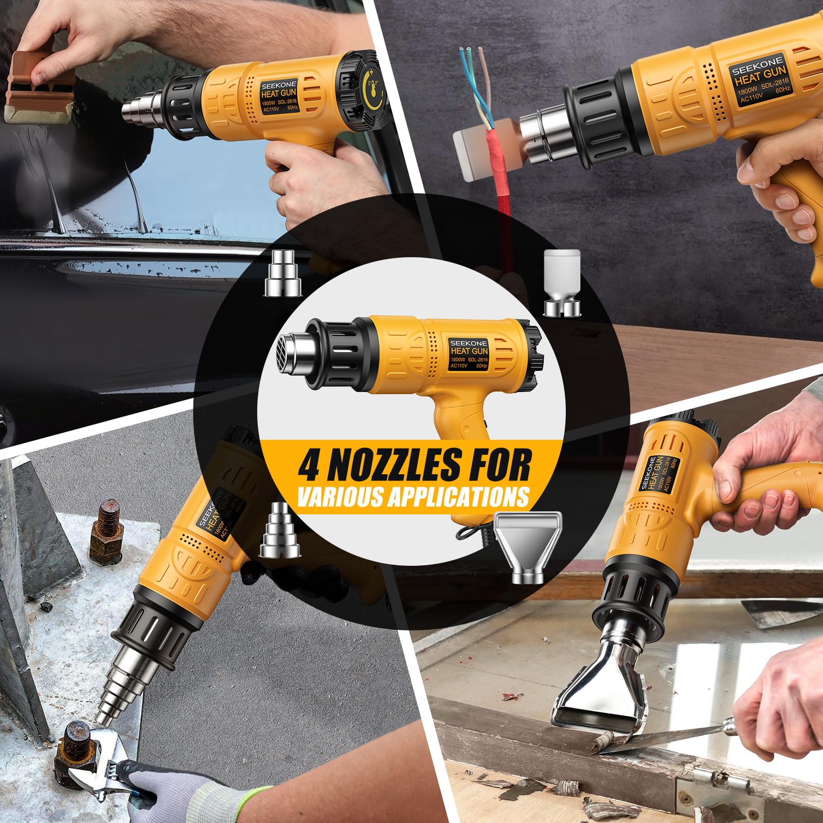 SEEKONE Heat Gun 1800W Hot Air Gun Variable Temperature Control for 2-Temp Settings 122℉~1202℉(50℃- 650℃) with 4 Nozzels for Crafts, Vinyl Wrap, Shrink Tubing