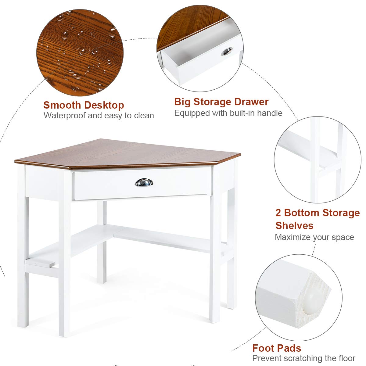 Tangkula Corner Desk, Corner Computer Desk with Drawer for Small Space, Small Corner Makeup Vanity Desk, 90 Degrees Triangle Corner Desk with Storage Shelves (Natural & White)