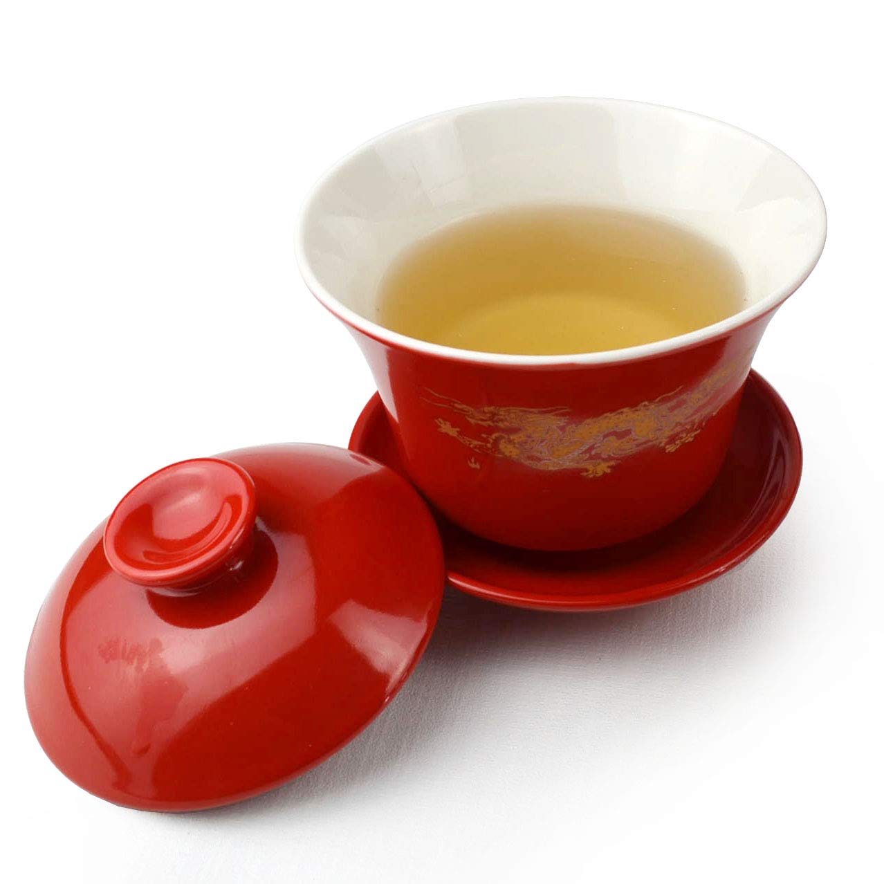 Gaiwan 2 Suits Porcelain Teacups 8oz Cups Chinese Dragon and Phoenix Cover Bowl Saucer Red tureen for Wedding Party (Dragon phoenix)