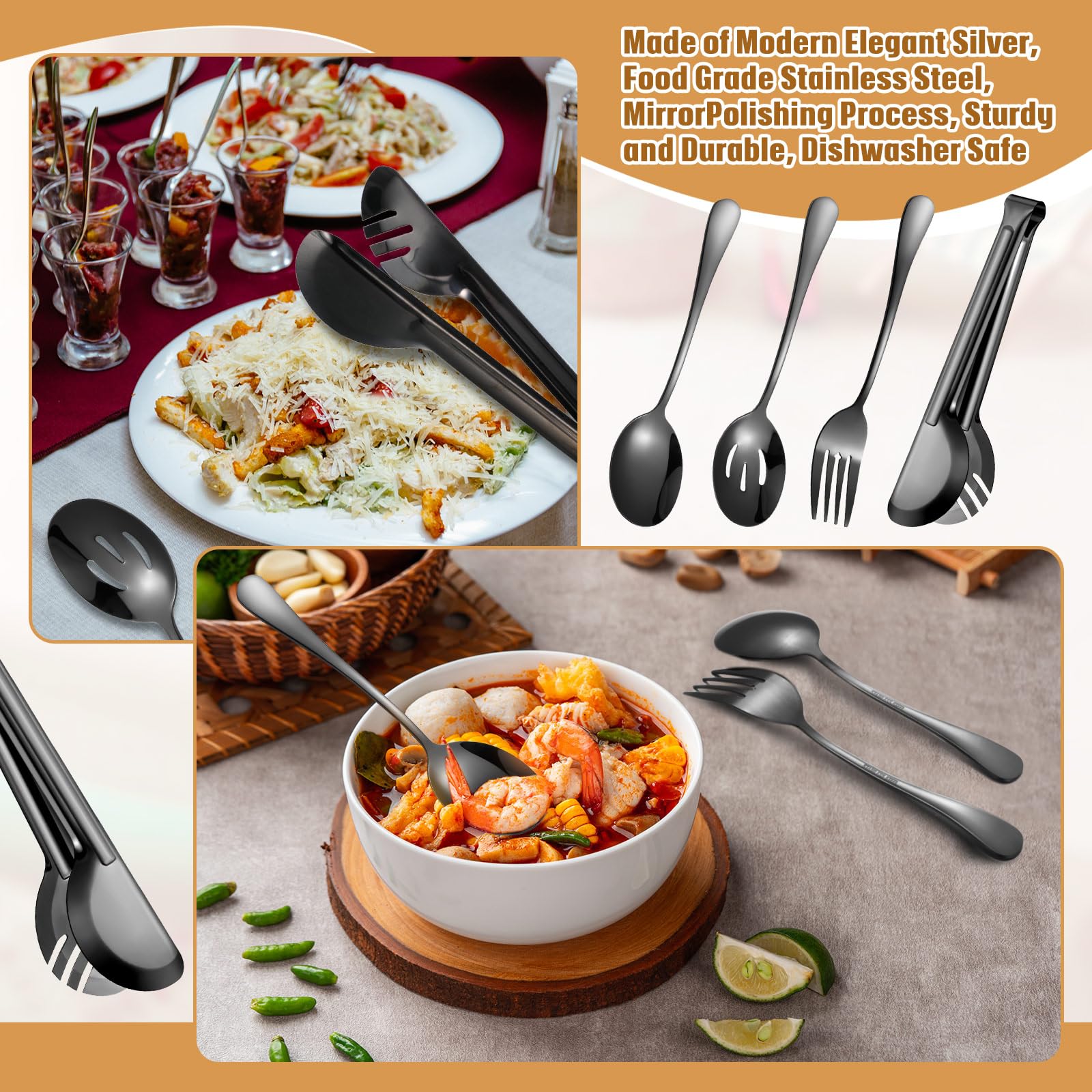 Patelai 15 Pieces Christmas Stainless Steel Serving Utensils Set 8.7" Large Serving Spoons Slotted Spoon 9.45" Tong 9" Serving Forks Flatware Kitchen Catering Banquet Wedding Party (Black)