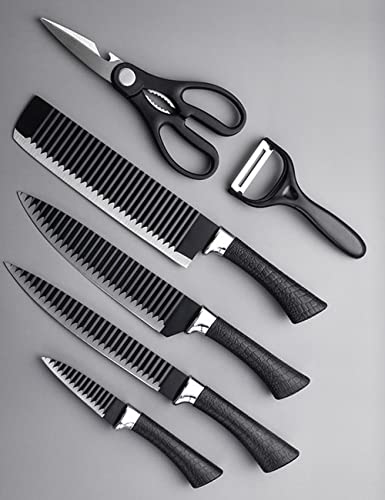 GAJING 6PCS Non-stick Black Kitchen Wavy Pattern Lightweight Knife Set with Ergonomic Handle Includes Chef Knife,Carving Knife,Slicer,Paring knife,Peeler and a pair of scissors