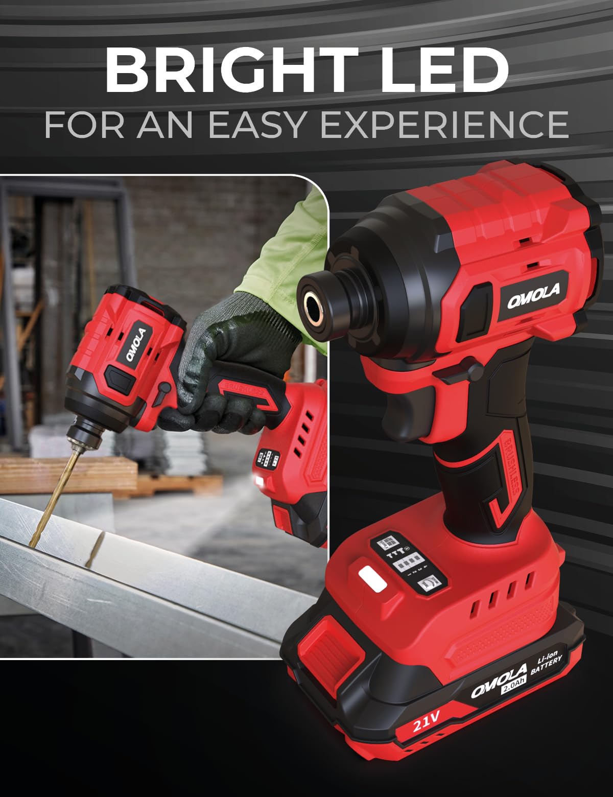 Impact Driver,2500 In-lbs,1/4" Hex Chuck,High Torque 3200 RPM,Impact Drill With A 15C 21V 2.0Ah Li-Ion Battery,Fast Charger,Brushless Motor,Suitable for Domestic And Construction Site Work