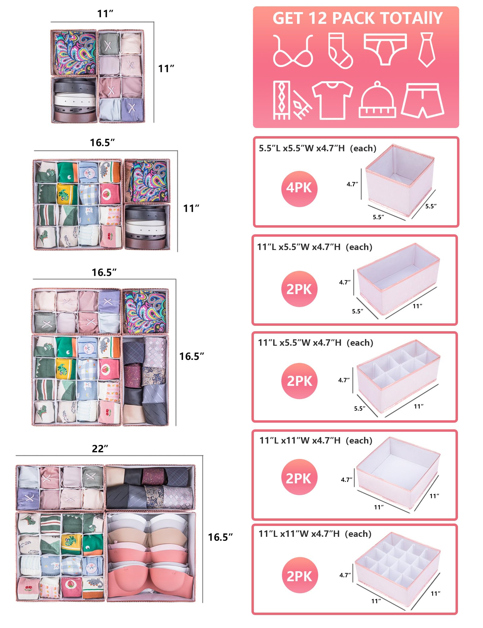 MYTHAUS 12 Pack Drawer Organizers for Clothing - Foldable Collapsible Fabric Closet Organizer and Storage Dresser Drawer Divider, Storage Box for Underwear, Socks, Bra, Ties, Pink