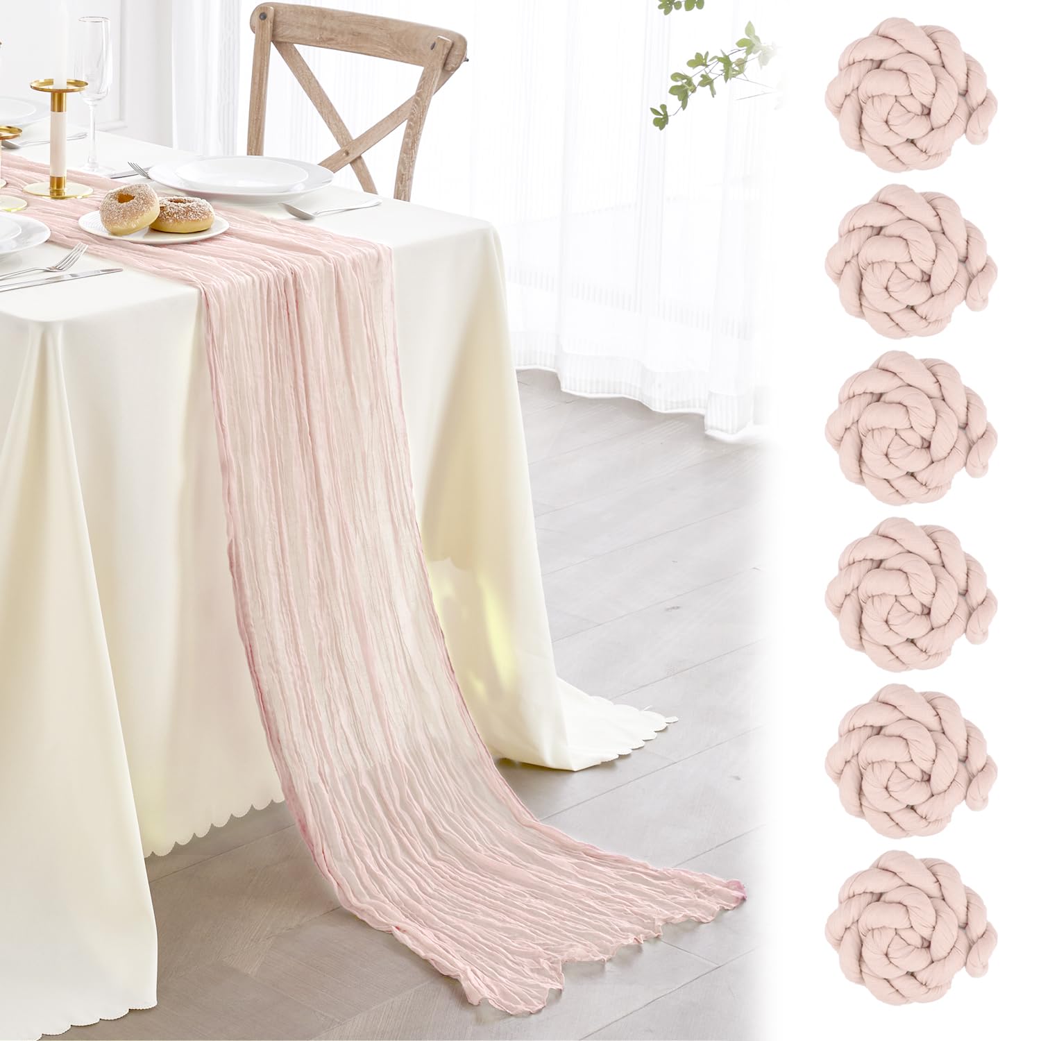 Nialnant 6 Pack Light Pink Cheesecloth Table Runner,10Ft Gauze Table Runners for Wedding Bridal Shower,Holiday Birthday Party,Easter Table Decoration