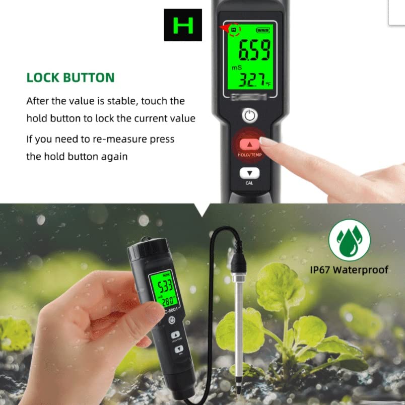 LHLLHL Portable Digital EC/Temperature Soil Tester Meter Farm Measurement Backlit Display Removable Electrode Waterproof Test Planting