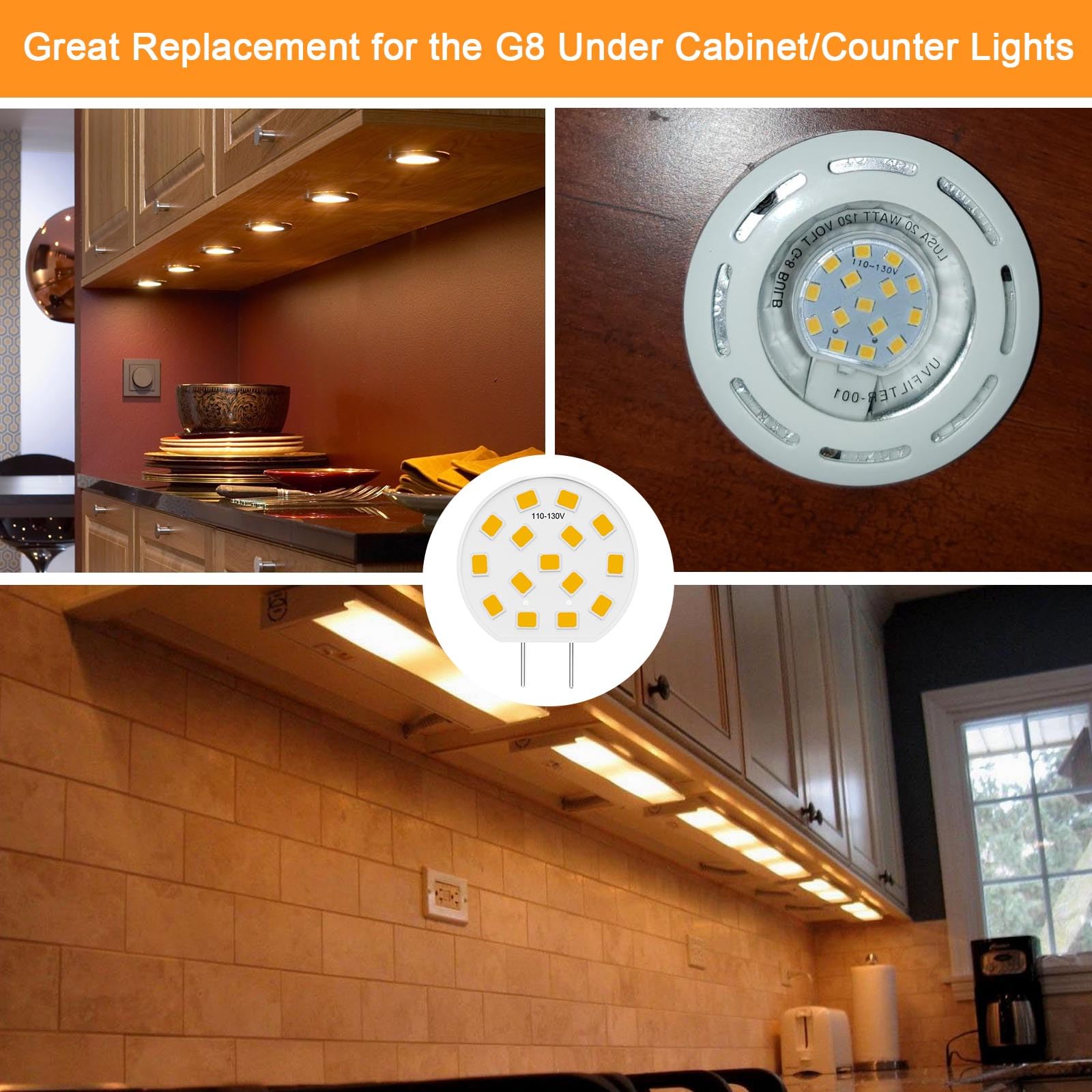 Lacnooe G8 LED Bulb Dimmable 3W Mini Thin Puck Light Equivalent to 20W-25W T4 G8 Bi-Pin Base Halogen Bulb, 120V Warm White 3000K G8 Bulb for Under Counter Kitchen Lighting, Under Cabinet Light,6 Pack