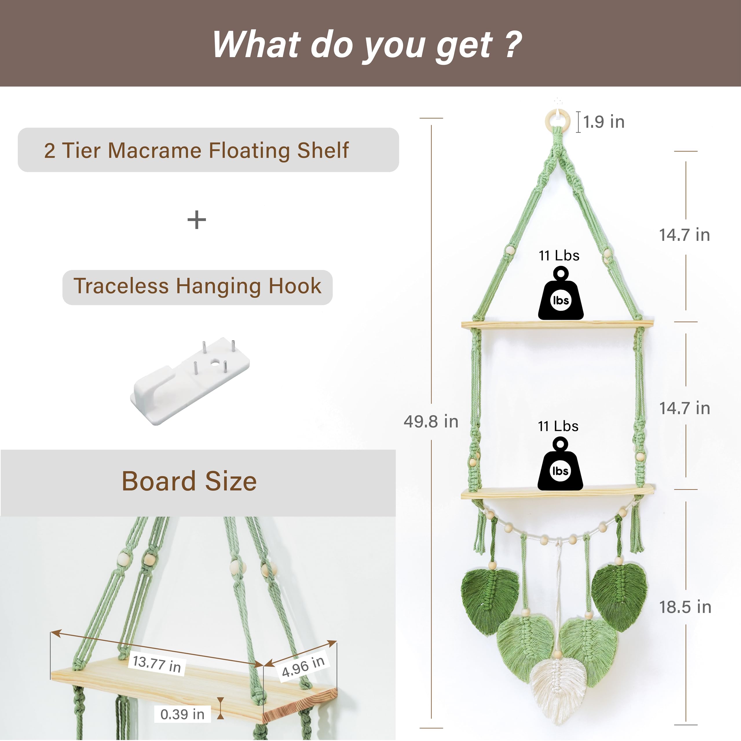 Macrakido - Macrame Wall Hanging 2-Tier Shelf, Boho Floating Wooden Shelves with Green Woven Rope and Leaf Decor,Plant Display for Bedroom, Dorm, Nursery, Living Room, and Bathroom Wall Decor