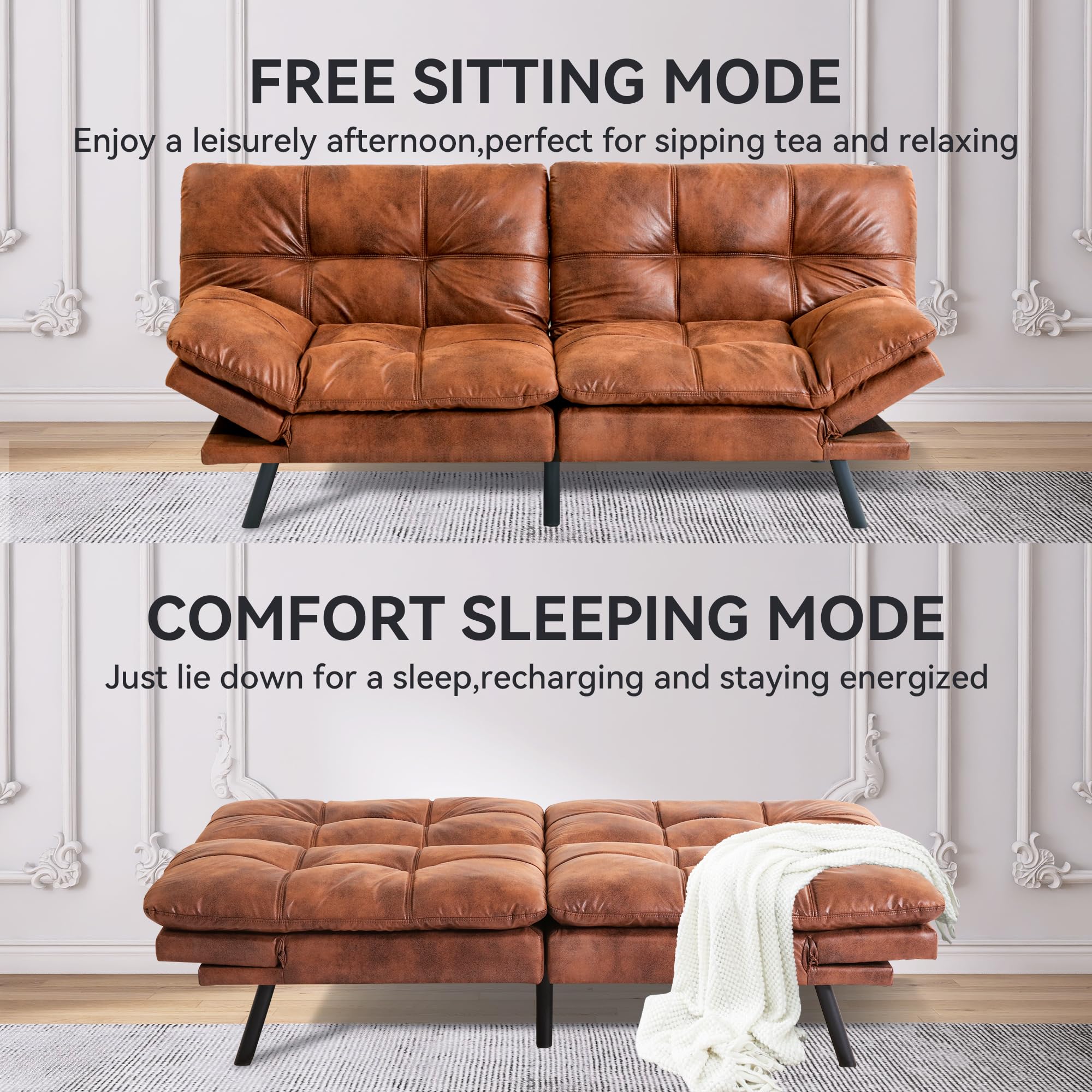 Hcore Futon Sofa Bed, Convertible Futon Couch with Memory Foam, Fuax Leather Sleeper Sofa Couches for Living Room, Apartment,Bedroom, Brown