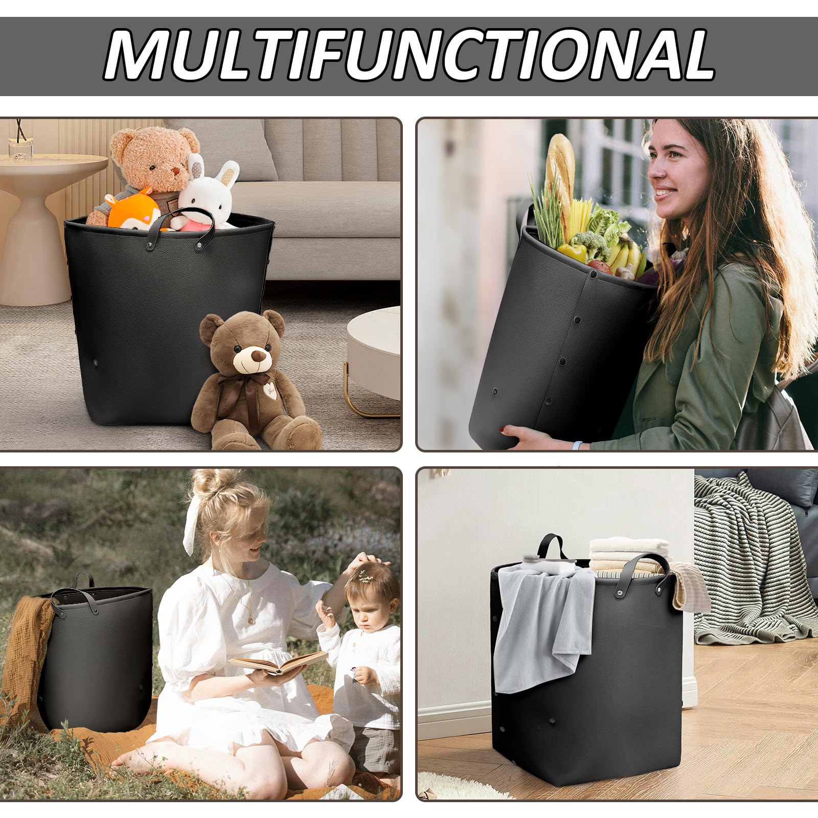 Lacut Dual-use Waterproof Storage Basket, 11.8"x11.8"x17.8" Large Open Storage Organizer Basket with Handles for Home Clothes Car Trunk Camping Picnic Storage (Black)