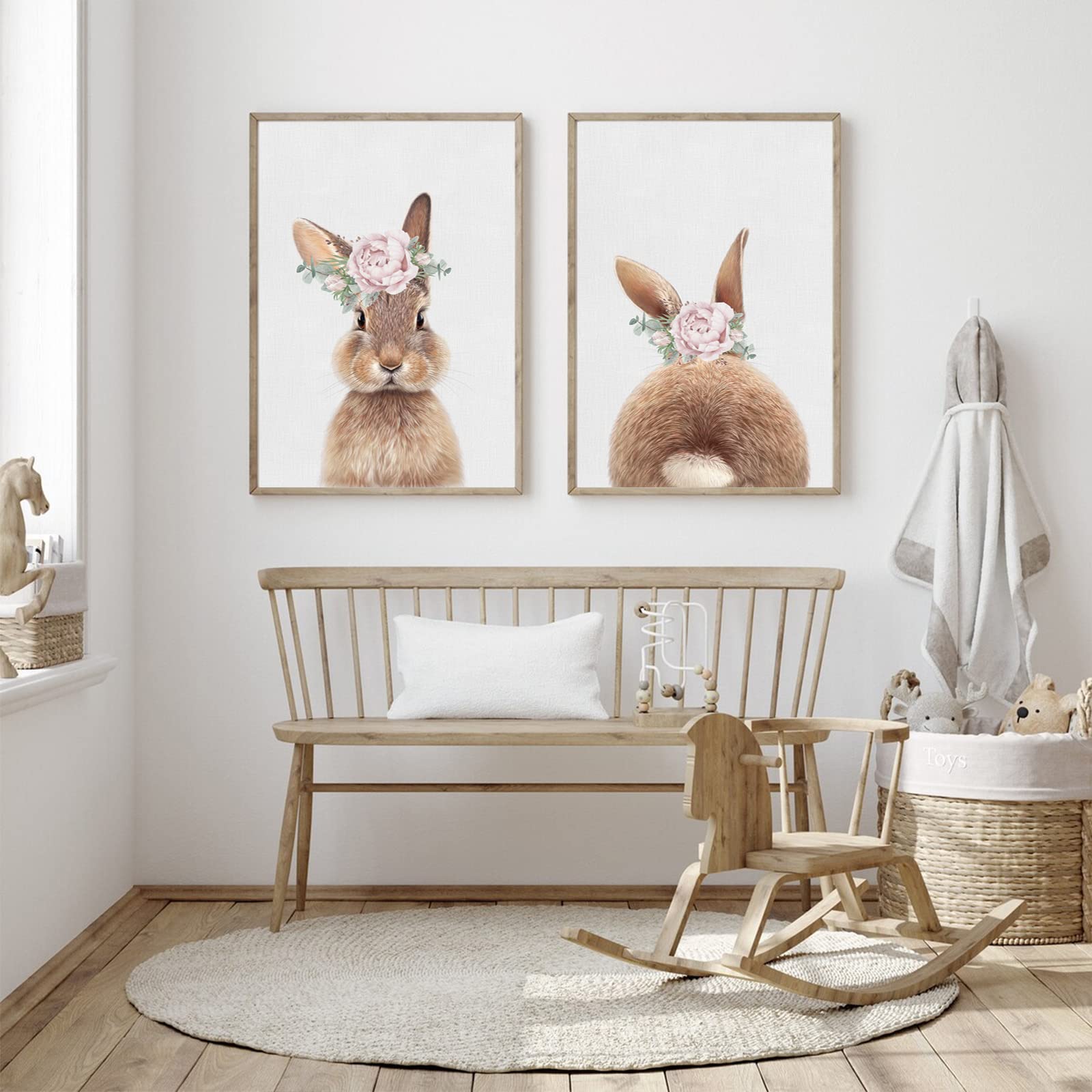 Joocrise Bunny Rabbit Wall Art Baby Girl Nursery Wall Art UNFRAMED, Nursery Canvas Prints Bunny Pictures for Nursery Room Decor Nursery Artwork Baby Woodland Animal Pictures 16x24 Inch, Set of 2