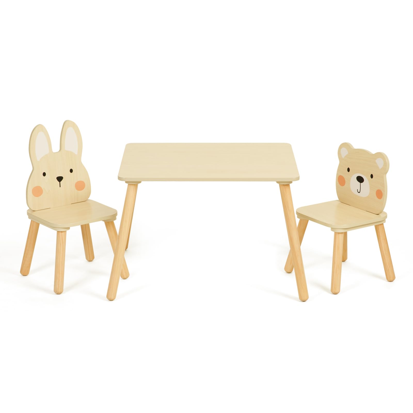 OOOK Wooden Kids Table and Chair Set, Waterproof Desktop Adorable Toddler Table Chairs Set with 2 Animal Chairs