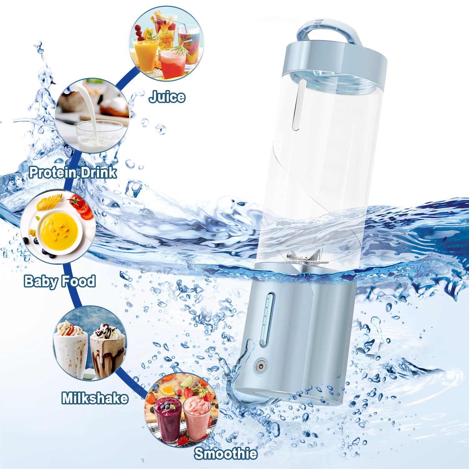 Portable Personal Blender with Insulated Sleeve for Juice, Shakes and Smoothies - 16 Oz Mini Blender Cup with 6 Blades, USB Rechargeable, BPA Free - Small Blender for Kitchen, Travel, Office, Gym