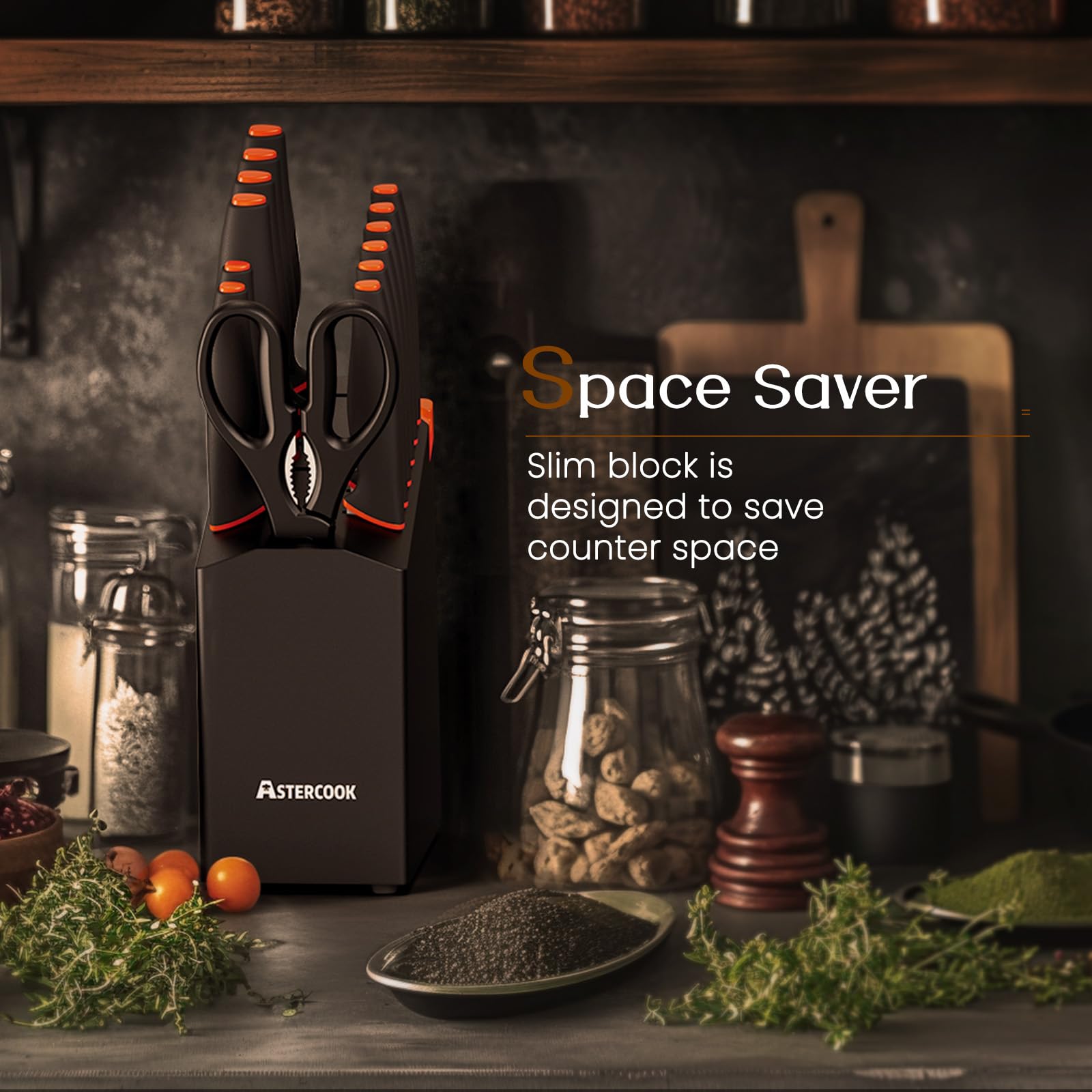 Knife Set, Astercook 15 Pcs Dishwasher Safe Kitchen Knife Set with Built-in Sharpener, High Carbon German Stainless Steel Black Knife Block Set