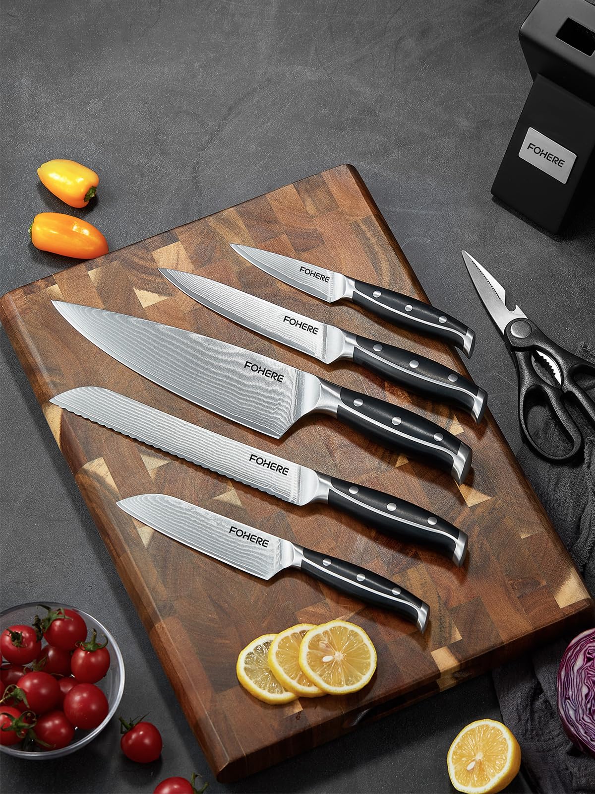 Knife Set, FOHERE 7-Piece Damascus Kitchen Knife Set, 67-Layer Japanese Knife VG10 Damascus Steel, Sharp Kitchen Knife Set with Non-slip ABS Handle, Kitchen Shears
