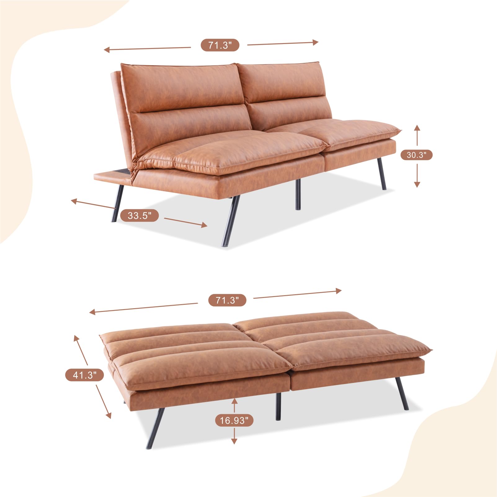 Opoiar Modern Convertible Sofa,Futon Sofa Bed,Faux Leather Futon,Futon Bed,Loveseat Sofa,Futon Couch,Memory Foam Sleeper Sofa,Quick Adjustable Backrests for Compact Living Spaces,Office,Studio,Brown