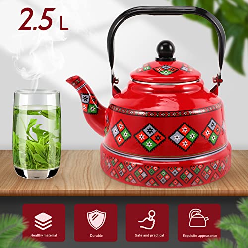 GANAZONO Vintage Enamel Teapot Stainless Steel Tea Kettle Camping Coffee Kettle Floral Hot Water Boiler Pot for Home Kitchen Red 2.5L