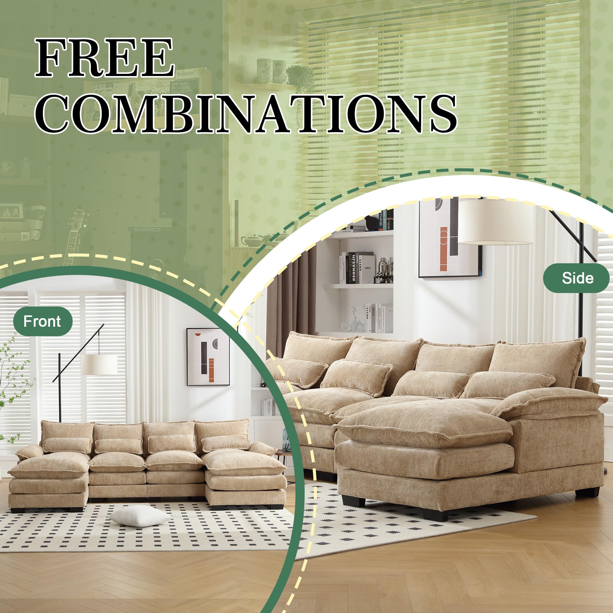 LIFEISLE 110 Inch Extra Large Modular Sectional Sofa, Modern Chenille U-Shaped Sofa with 4 Cushions, Memory Foam Sofa with Double Lounger for Living Room, Office, Reception Room,Emerald-New