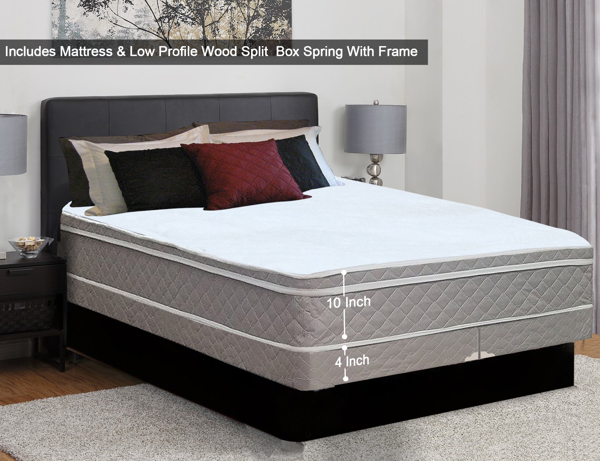 Mattress Comfort Medium Plush Eurotop Pillowtop Innerspring Mattress and 4" Low Profile Split Wood Boxspring/Foundation Set, with Frame, Full Size