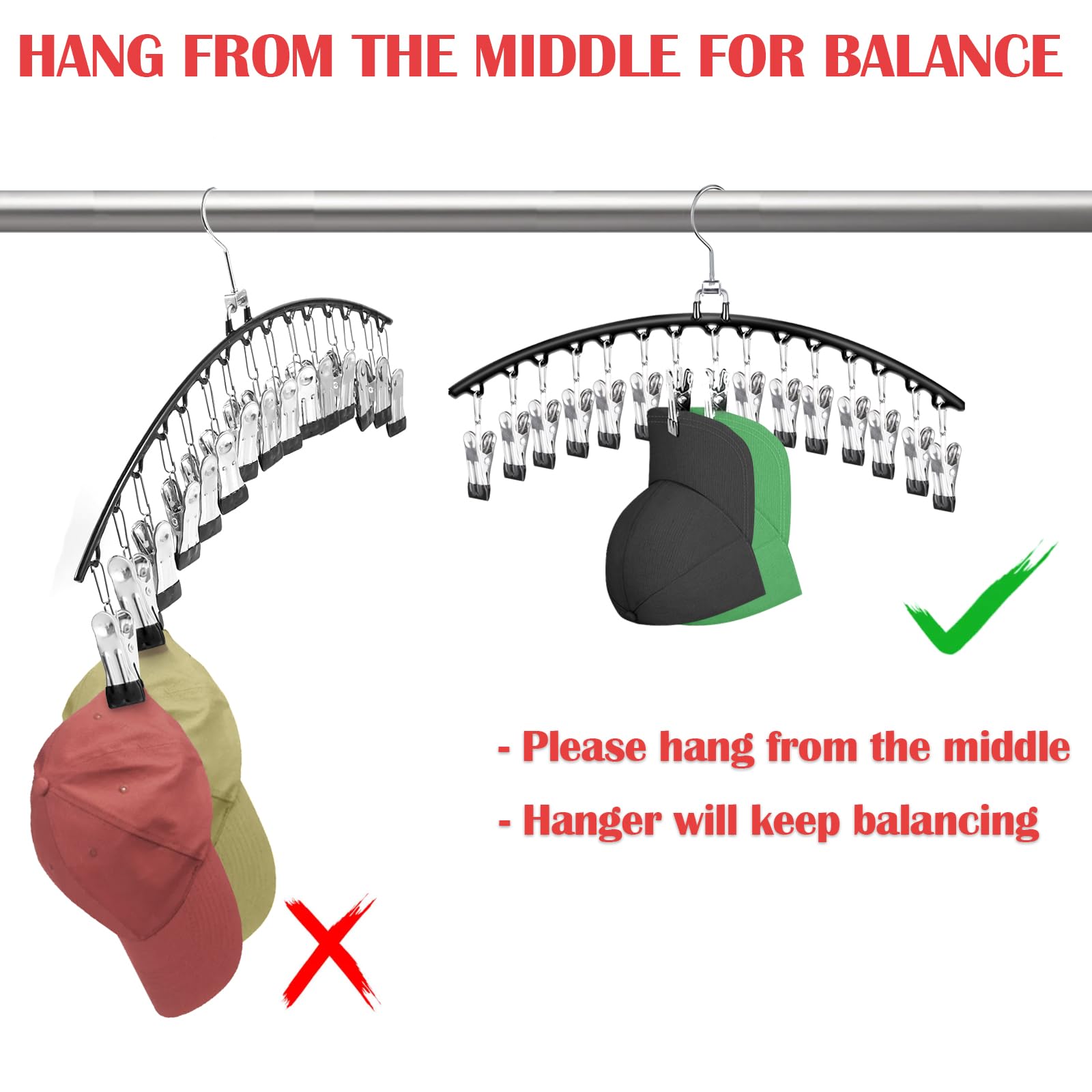 NAKBINX Hat Hanger for Closet, 2 Pack Metal Hat Organizer for Baseball Caps, 360° Rotation Hangers Space Saving with 30 Rubber Coated Clips, Foldable Hat Rack, Organizer&Display for Legging/Pant