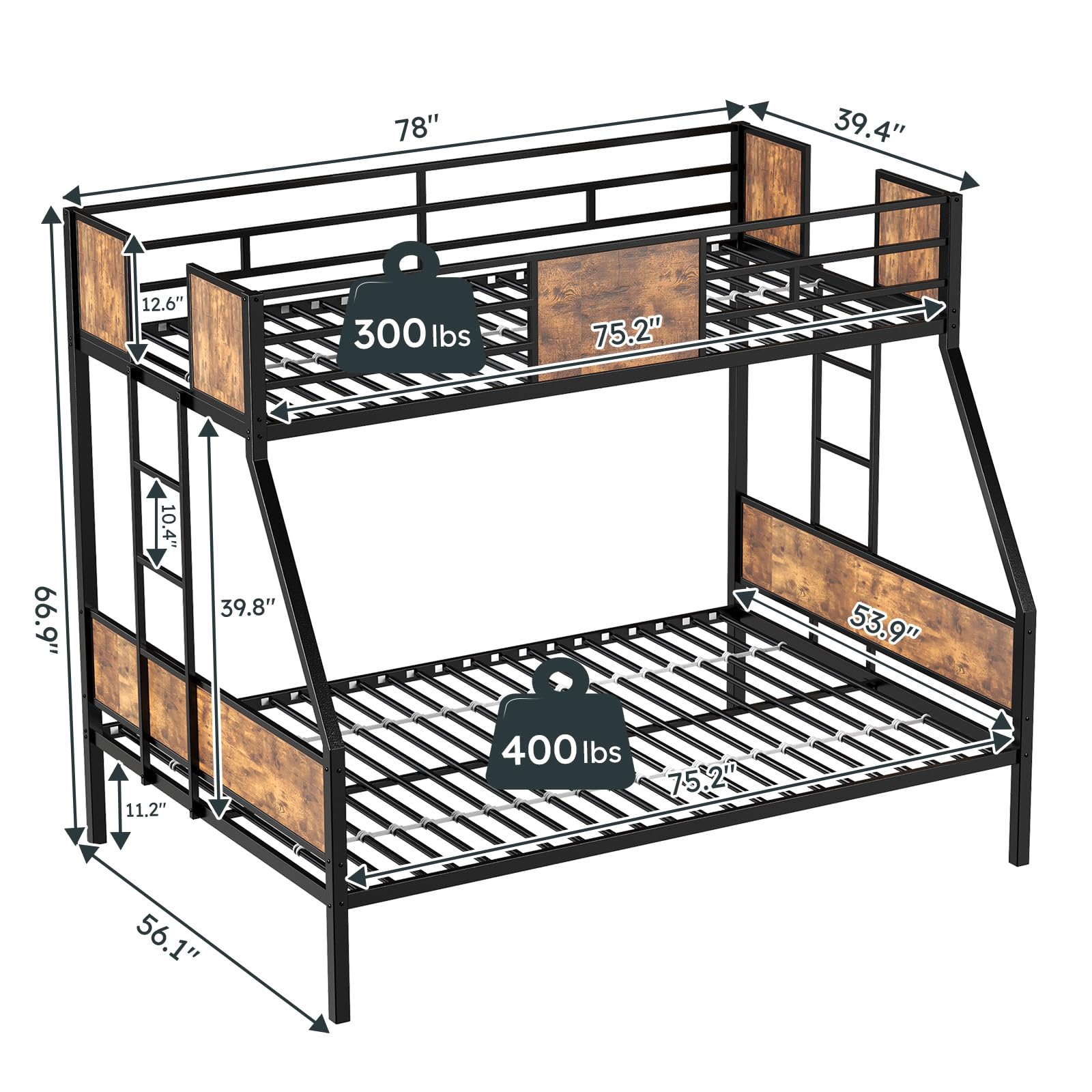 Kiivakii Metal Bunk Bed Twin Over Full with Side Ladders, Twin Over Full Bunk Bed with Sturdy Frame Supports, No Noise, Black and Brown
