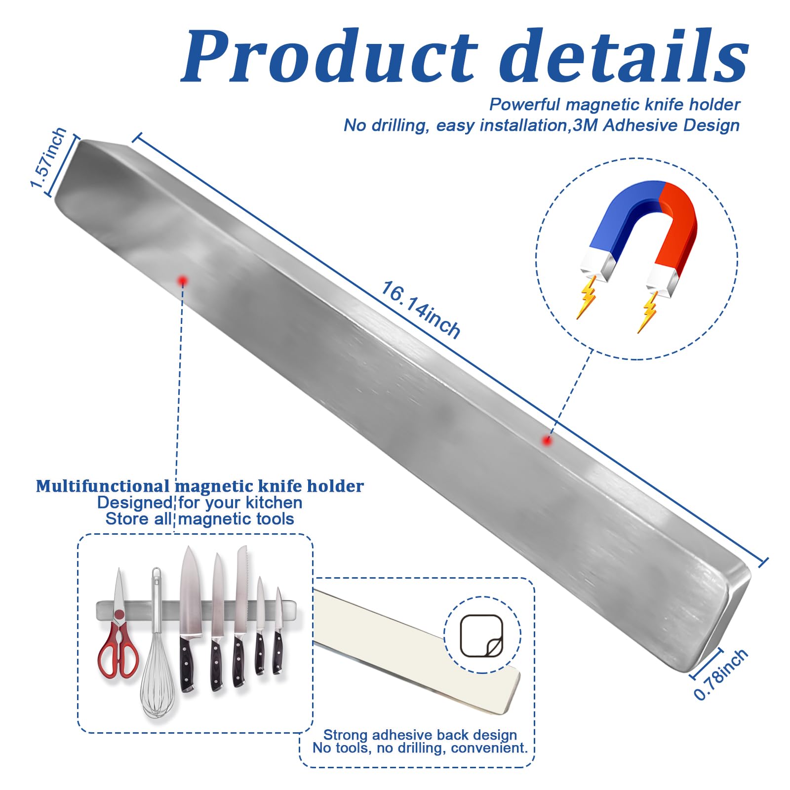 Magnetic Knife Holder for Wall,16 Inch Stainless Steel Heavy Duty Magnet Strip for Knives,Knife Rack for Kitchen Utensil Holder & Tool Holder,Securely Store and Organize Kitchen