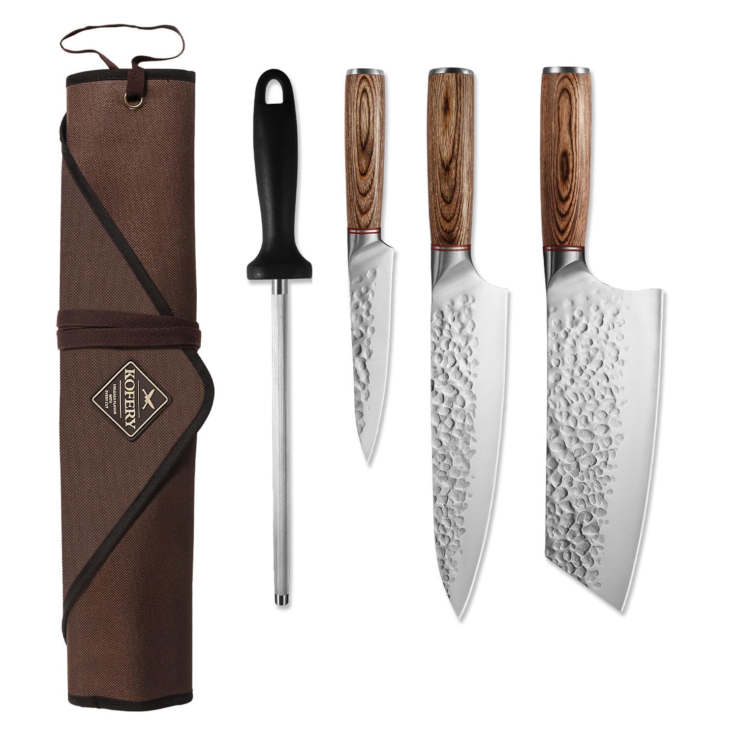 KOFERY 3 Piece Professional Forged Chef Knife Set - Premium Stainless Steel, Non-Stick, Sharp Kitchen Knives for Camping, Includes Roll Bag and Sharpening Steel