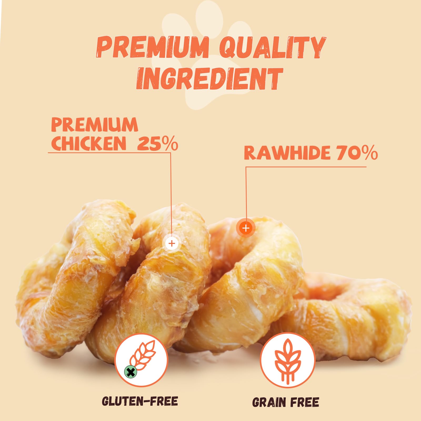Pawmate Dog Treats Large Breed, Chicken Wrapped Rawhide Donuts Ring Rawhide Dog Chews Long Lasting Grain Free Snacks with Taurine for Medium Large Dogs 4 Counts