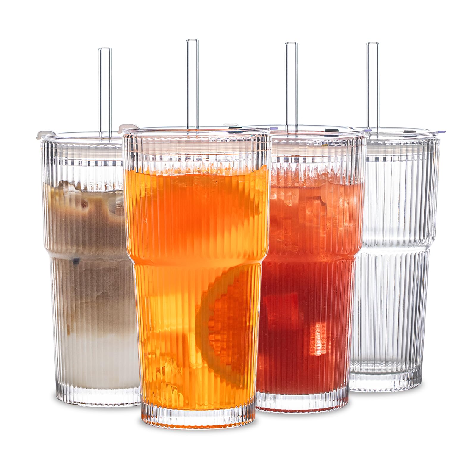 INSETLAN 20 oz Ribbed Glass Tumblers with Lids and Glass Straws â 4-Piece Glassware Set, Thickened Glass, Ideal for Iced Coffee, Smoothies, Cocktails, and Juices â Elegant and Durable Drinkware