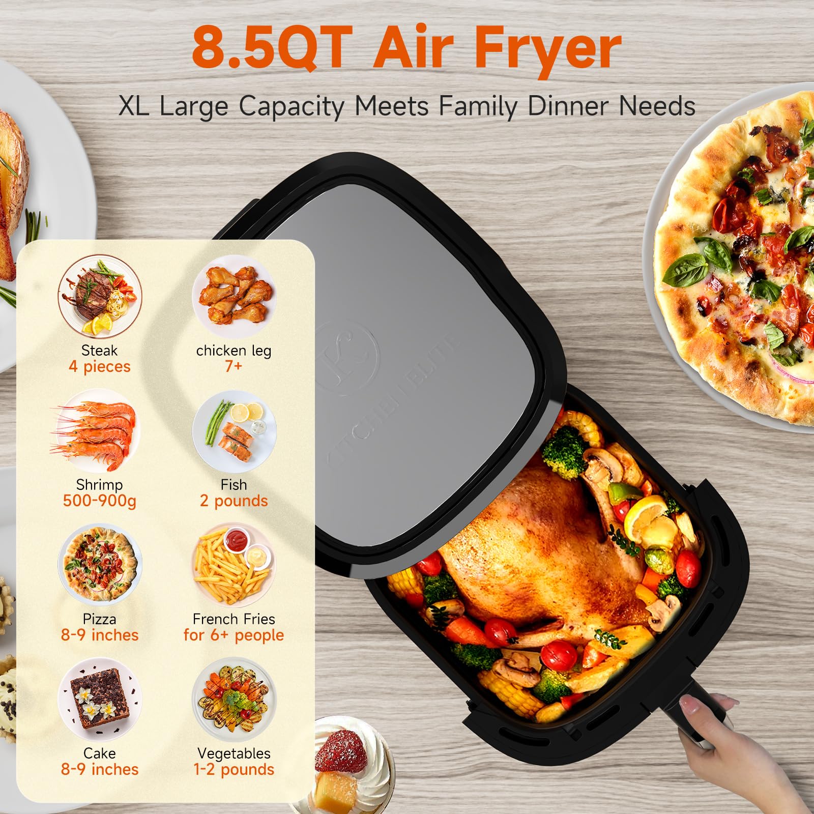 Kitchen Elite Air Fryer XL, 8.5Qt. Capacity Capacity that can Air Fry, Air Roast, Bake, Reheat & Dehydrate, with Dishwasher Safe, Nonstick Basket & Crisper Plate