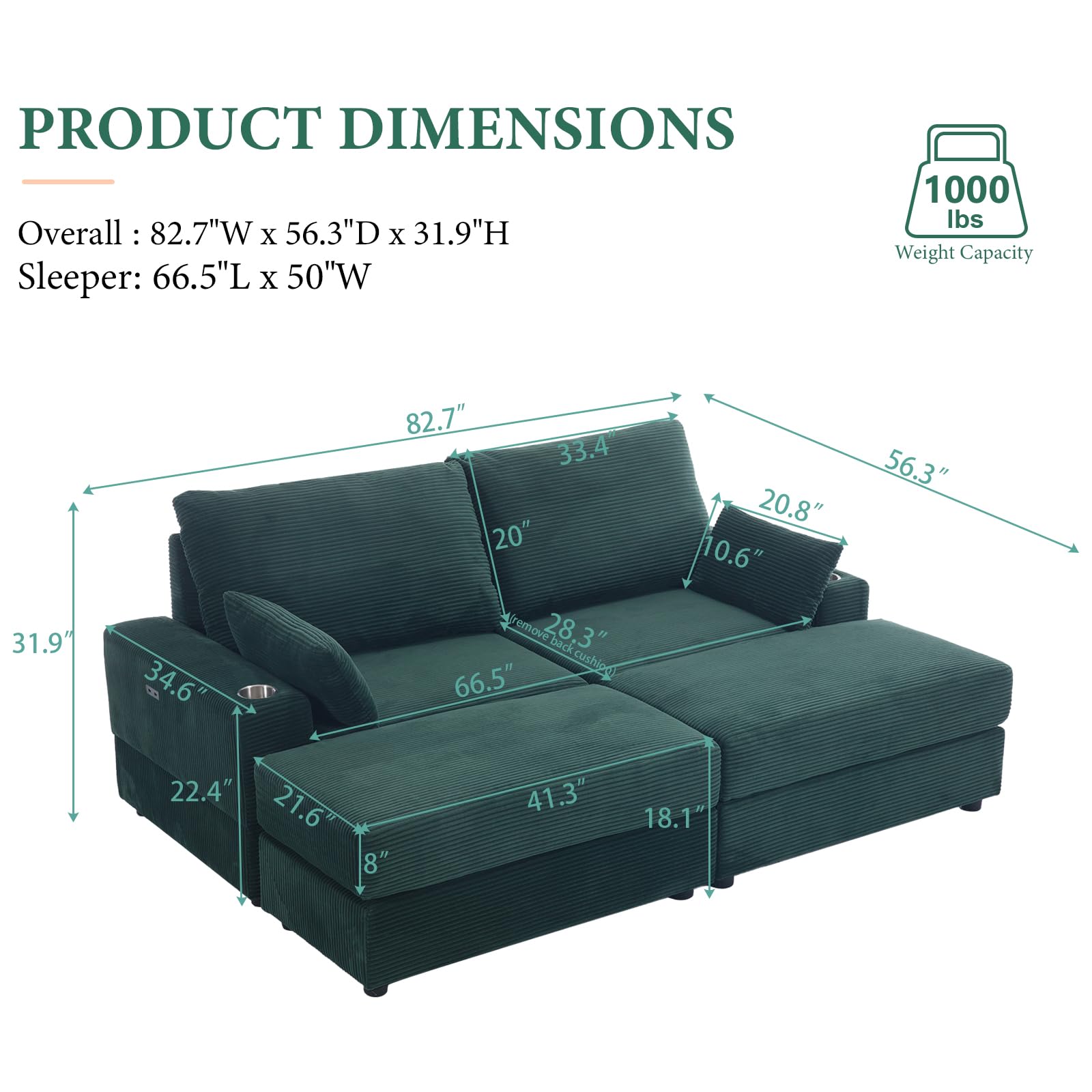 KIVENJAJA 82.7” Corduroy Sectional Couch, Double Chaise Lounge Sofa, Deep Seat Oversized Loveseat with Ottomans, Cup Holder & USB Port for Living Room Apartment Small Space, Green