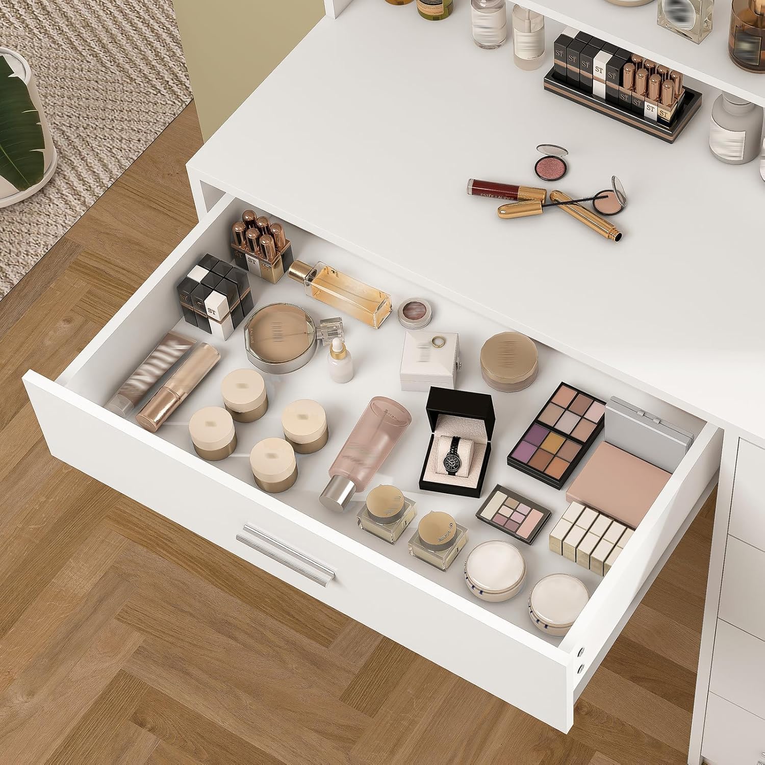 Quimoo Makeup Vanity Desk with Mirror & Lights, Vanity Desk with 5 Drawers & Storage Shelves, Vanity Table, 3 Color Modes & Adjustable Brightness Dressing Table, Bedroom