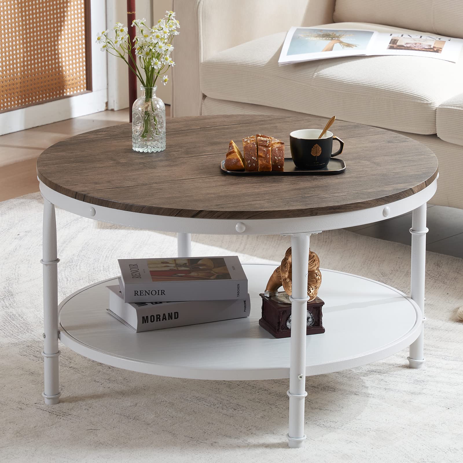 VINGLI 31.5" Dark Walnut White Round Farmhouse Coffee Table, 2-Tier Storage Wood Center Circle Accent Table for Living Room, Bedroom, Apartment, Studio and Small Spaces, Sturdy Metal Frame