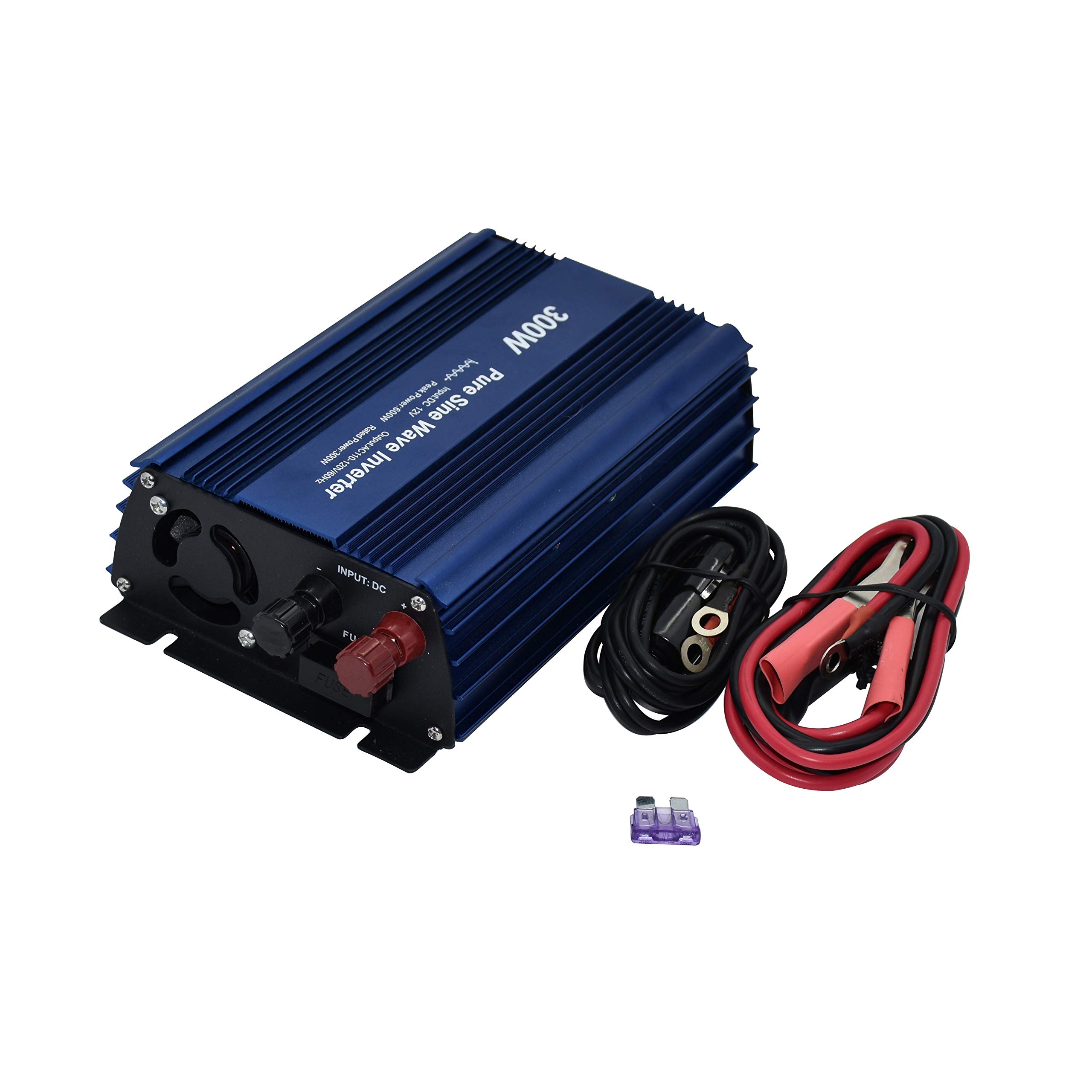 DC 12V to AC120V Pure sine Wave Power Inverter 300W with Dual sockets Output and DC 5V 2Amp USB Output. Ideal for Most Small Power appliances. (300W) Blue