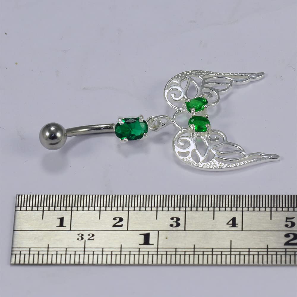 Dark Blue Gemstone Fancy Angel Wings with Floral Dangling Design 925 Sterling Silver with Stainless Steel Belly Button Navel Rings