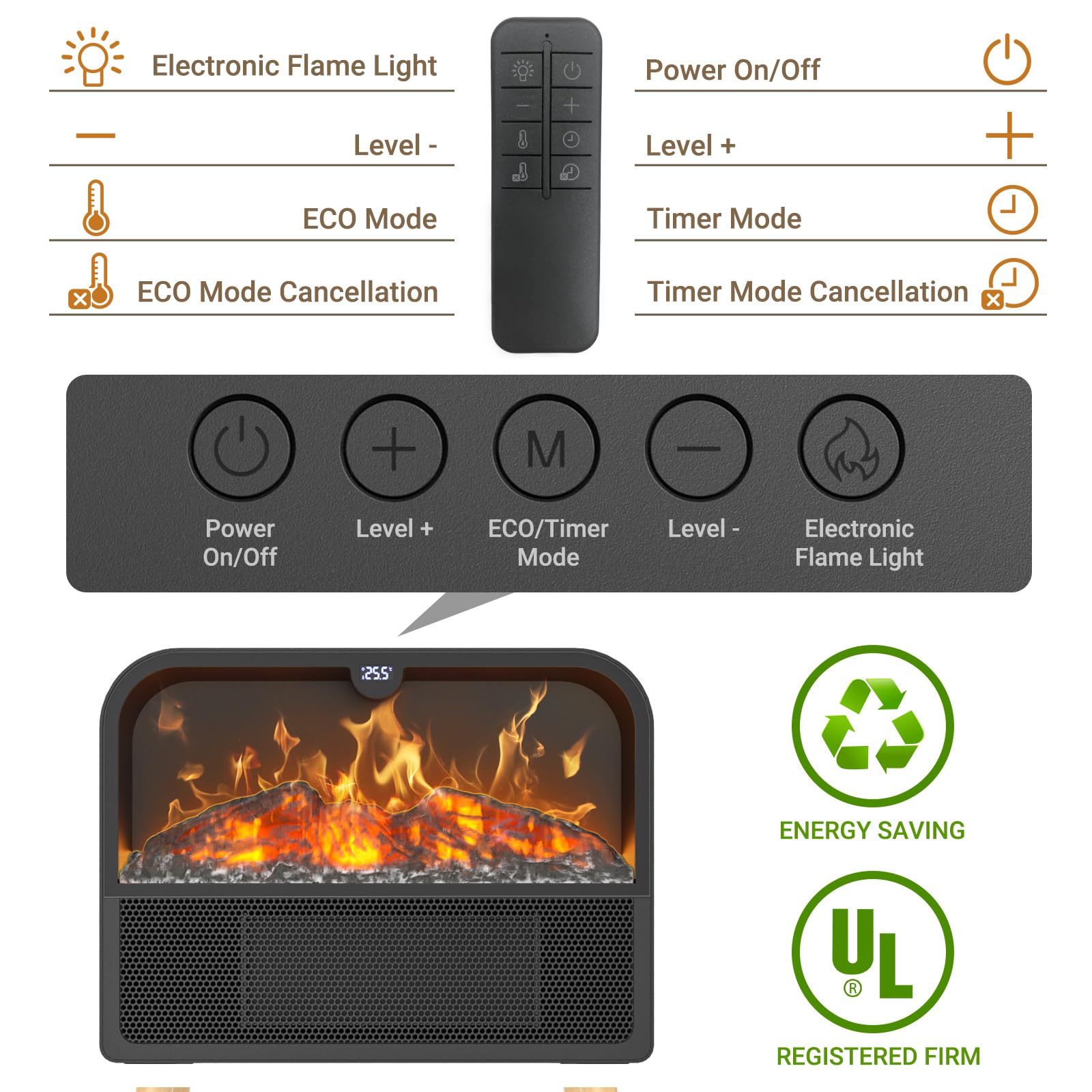 Electric Fireplace Heater, Freestanding Electric Fireplace with Realistic Flame & Solid Wood Stand, Portable Space Heater Fireplace for Indoor Use with 1-12H Timer, 59℉ to 95℉ Thermostat, 1500W