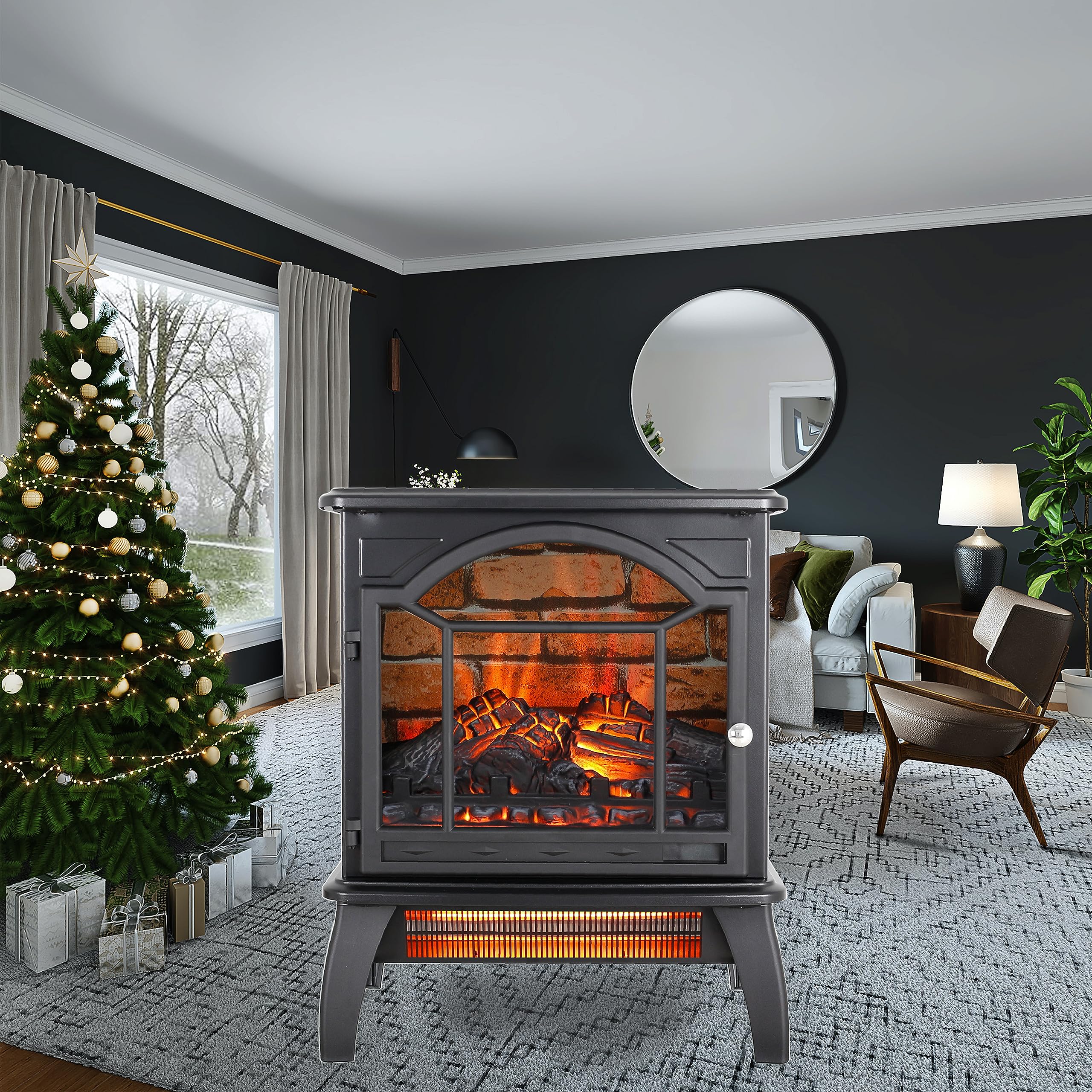 Electric Fireplace Infrared Heater with Remote Control 3D Electric Heater Fireplace 18" Electric Fireplace Stove Adjustable Brightness and Heating, 1500W Electric Fireplace Freestanding, Black
