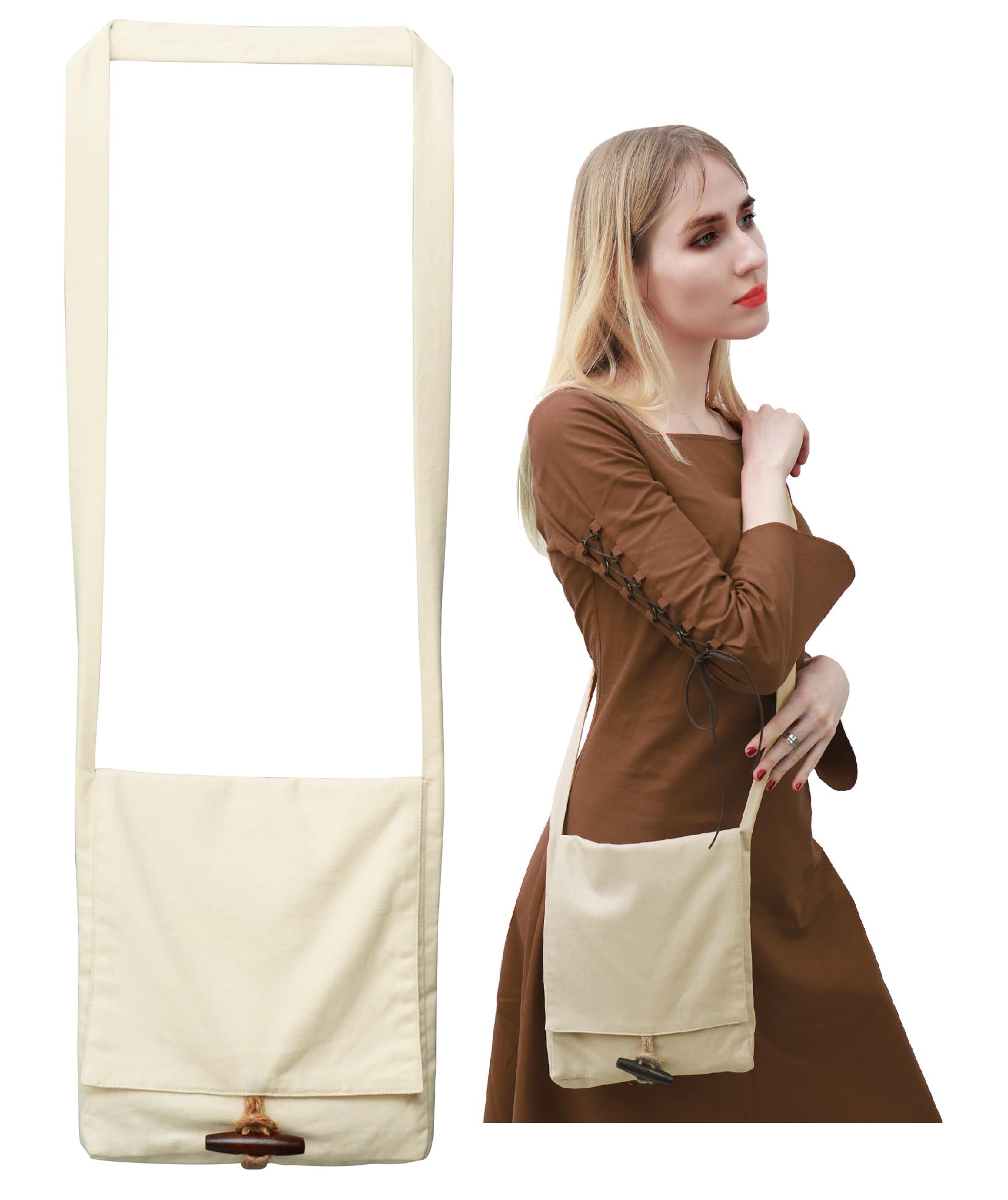 FURPHI Medieval Canvas Shoulder Bag Small Large Pilgrim Pouch Bag with Horn Button(Brown)