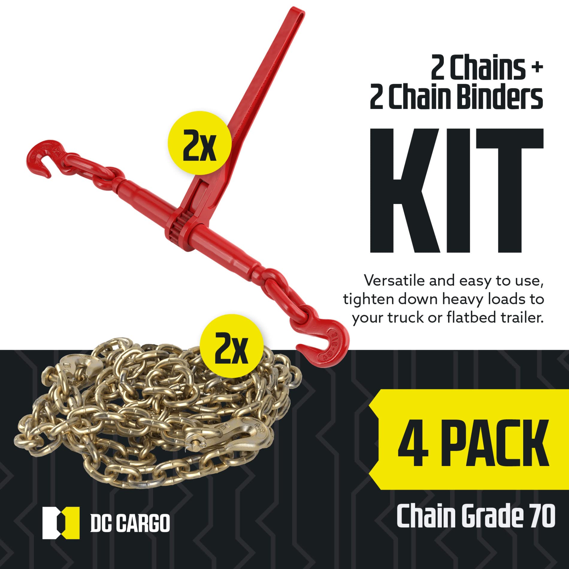 DC Cargo Chain Binder Kit | 5/16" Grade 70 Extra Long 20 Foot Chain - and Load Binder Set | Heavy Duty Ratcheting Chain and Binder | Load Chain and Binders β 4,700lb Working Load Limit As Set