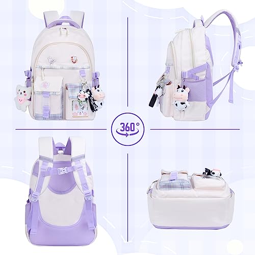 Mcaldume Cute Backpacks for Girls, Kawaii Backpack Aesthetic Backpack for Teen Girls, Cute Bookbag for Kids Elementary School Beige