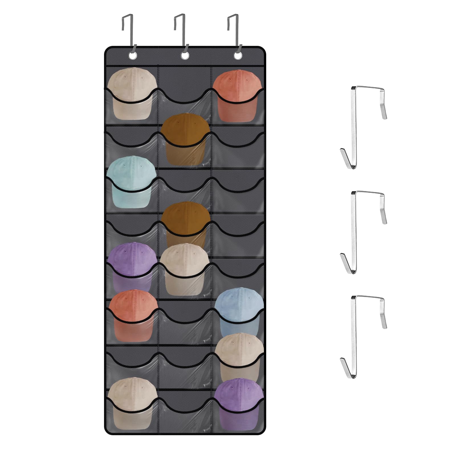 InterMaka Hat Rack for Door - 24 Clear Deep Pocket Cap Racks for Baseball Caps, Premium Hat Storage with 3 Sturdy Hooks, Versatile Hat Holder & Ball Hat Organizer for Optimal Display Grey