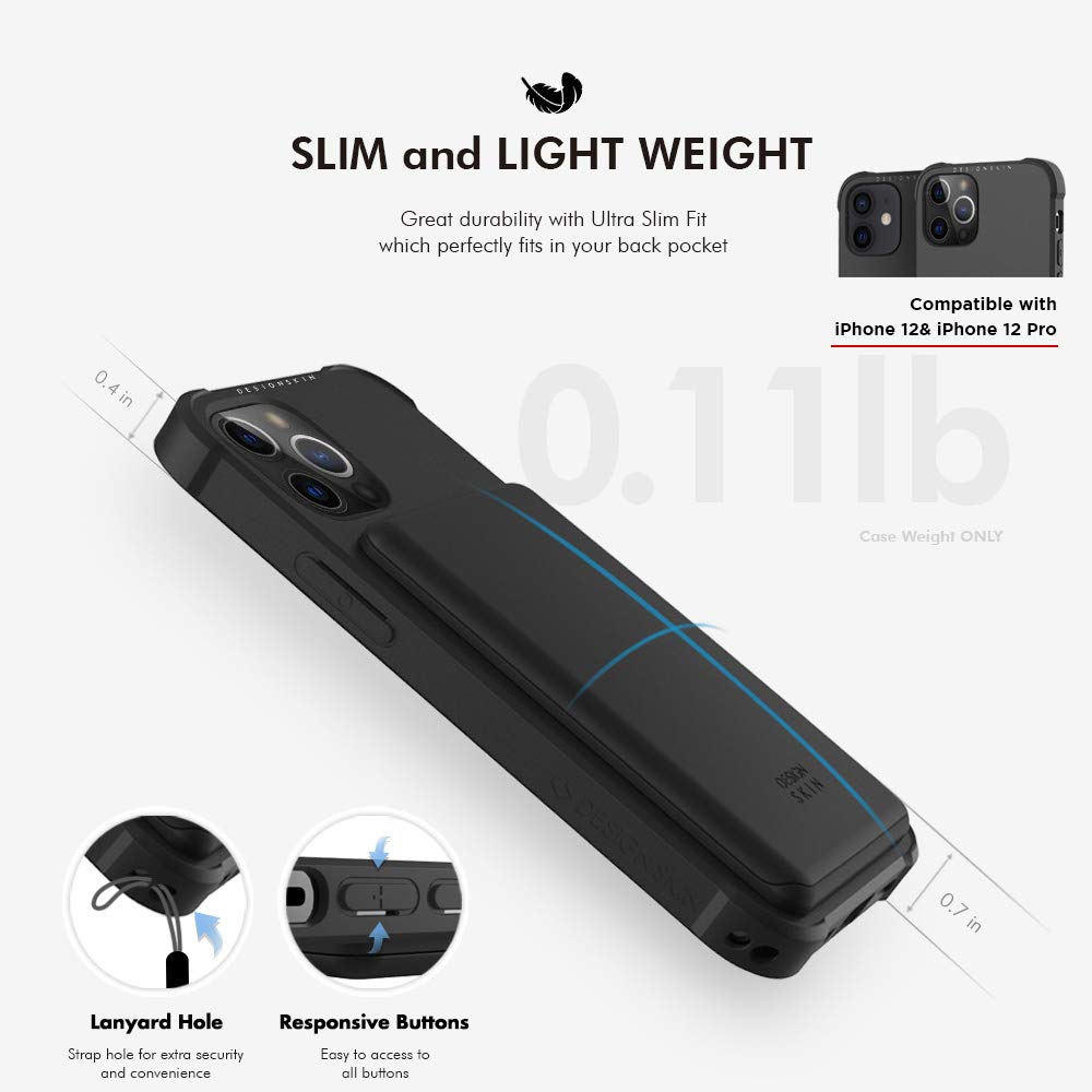Design Skin Slider Designed for iPhone 12/12 Pro Case (2020), Card Storage Holder Heavy Duty Bumper Protection Cover Slim Wallet Cover Compatible with iPhone 12/12 Pro Case Black