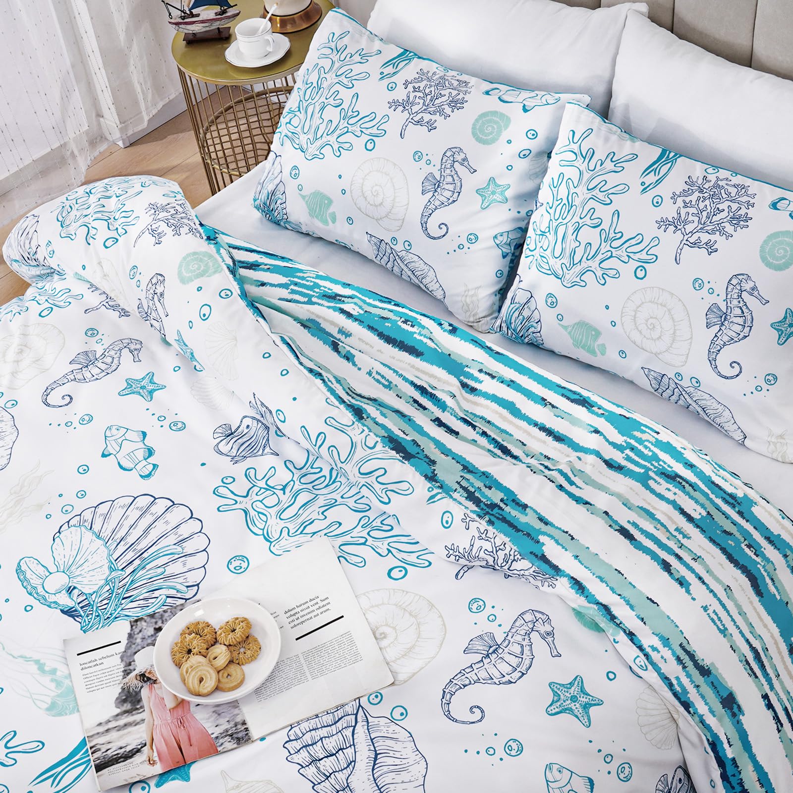 Likiyol Duvet Cover King Set, Coastal Comforter Cover with Zipper Closure, Seashells and Sealife Nautical Soft Microfiber Bedding Sets 3 Pieces(1 Duvet Cover+2 Pillowcases)