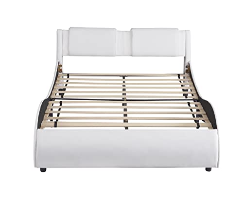 Modern Full Size Upholstered Platform Bed with LED Light Headboard, Metal Faux Leather Upholstered Platform Bed Frame with Wooden Slatted, Wave-Like Bed for Kids Teens Adult Bedroom (White-Full)