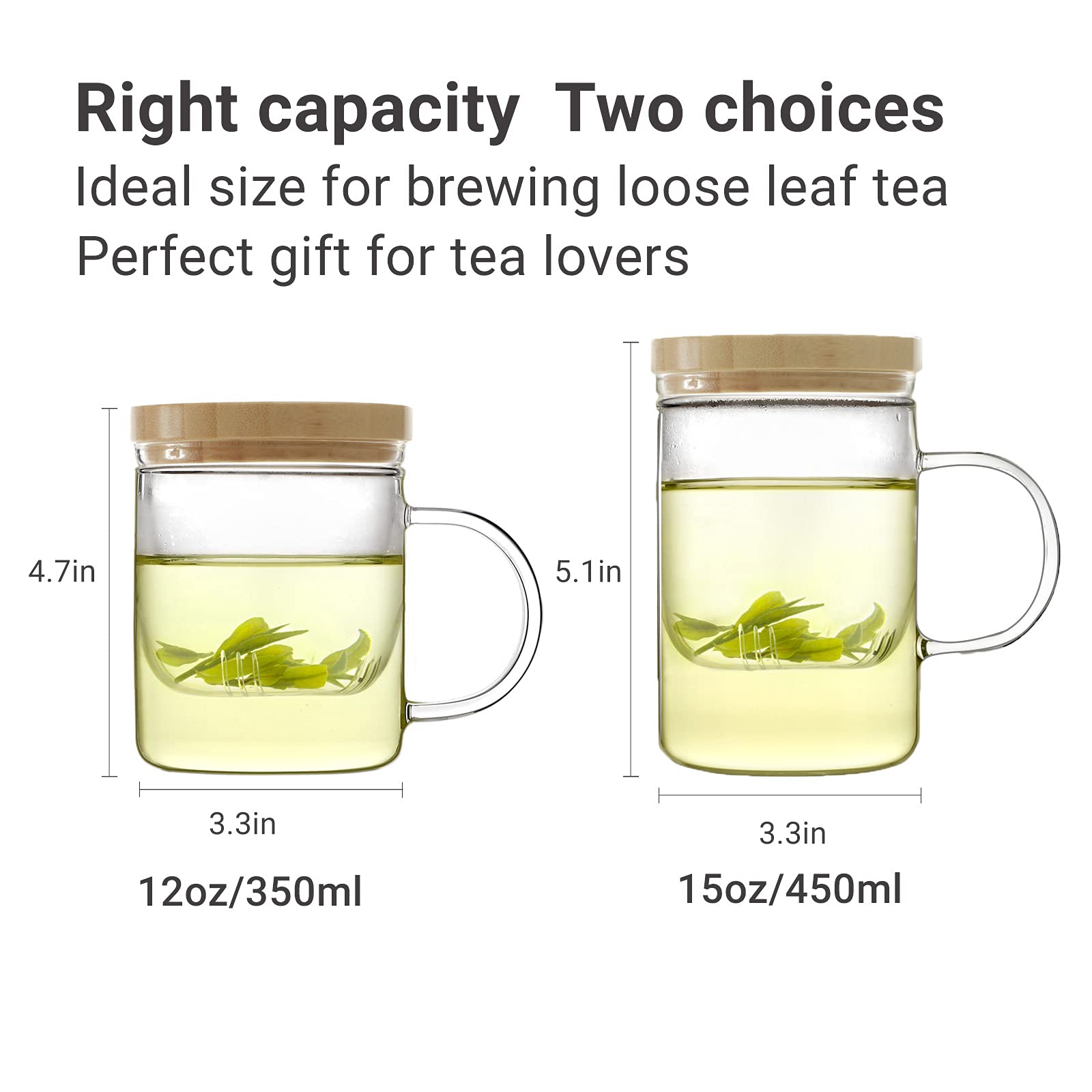 emoi Glass Tea Cup with Infuser and Lid, 12oz/350ml Tea Mug with Tea Steeper and Bamboo lid, Easy to use, Ideal for Tea Lovers to Make a Great Cup of Tea at Home or Office