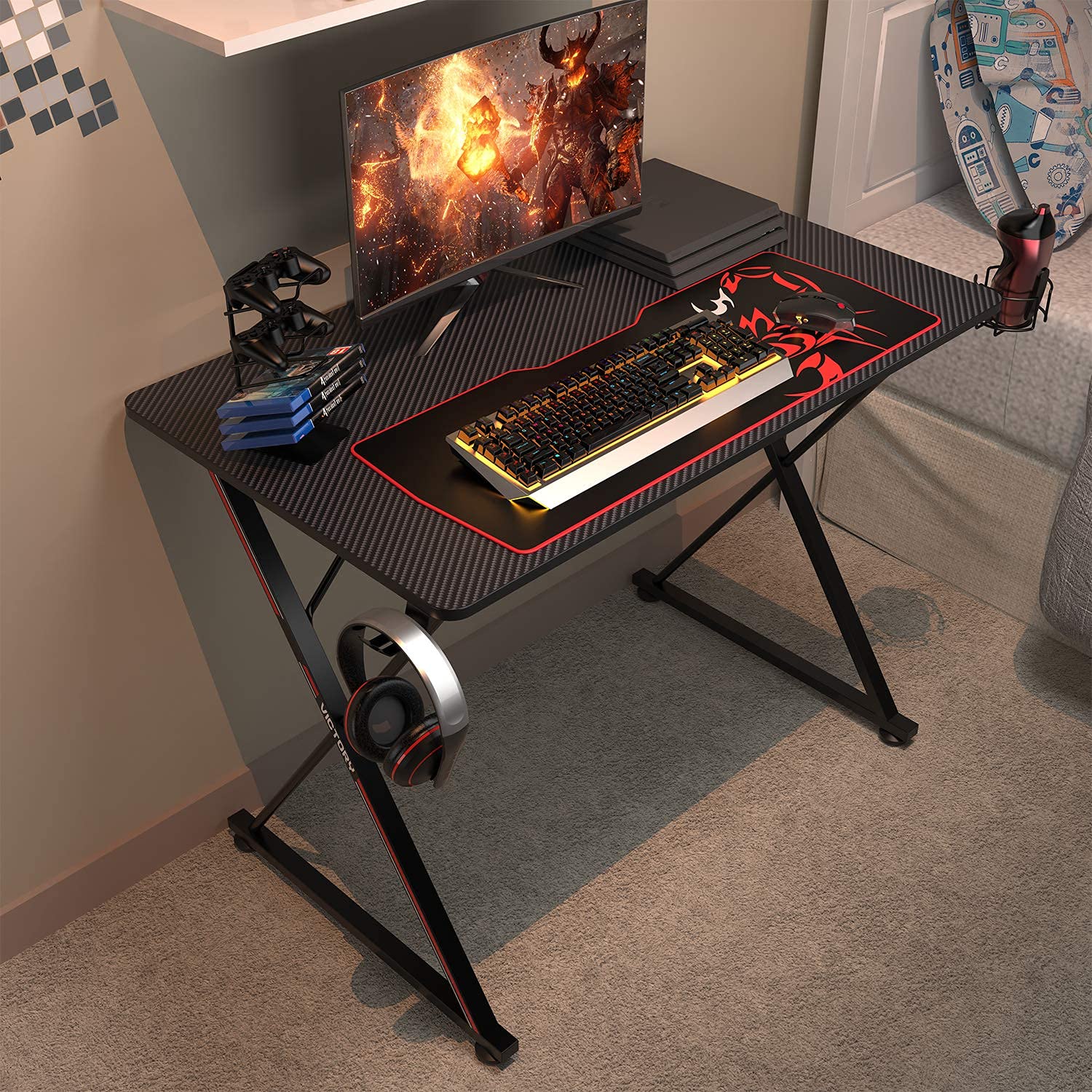 DESIGNA 39'' Gaming Desk, X-Shape Computer Desk with Free Mouse pad, Cup Holder& Headphone Hook & Controller Stand, Gamer Workstation for Home Office, Black