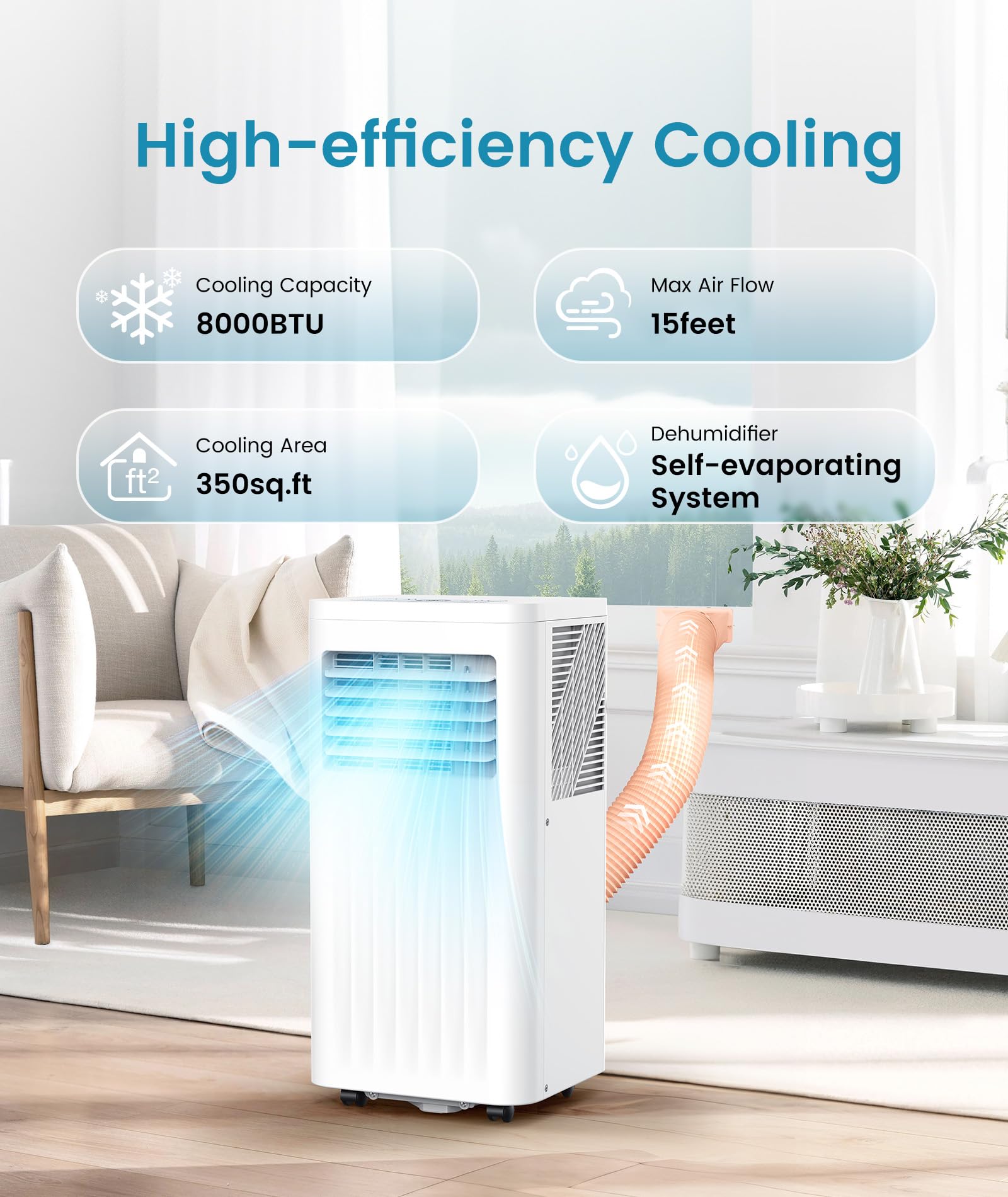 Joy Pebble Portable Air Conditioner, 8000 BTU Air Conditioner with Cooling, Fan, Dehumidifier, Sleep Mode, ≤55 db, Cooling up to 350 Sq. Ft. with 24H Timer/Digital Display/Remote Control & Window Kit