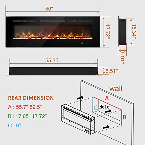 Kentsky 60 inches Electric Fireplace Inserts, Recessed and Wall Mounted Fireplace Heater, Linear Fireplace w/Thermostat, Remote & Touch Screen, Multicolor Flame, Timer, Logs & Crystal, 750W/1500W
