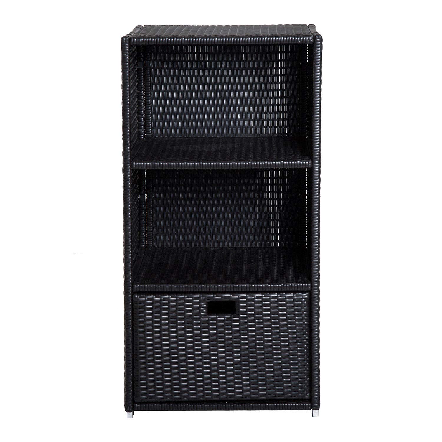 PE Rattan Wicker Outdoor Pool Towel Water Bottles Robes Valet Stand Organizer Rack Storage Cabinet 2 Upper Storage Shelves 1 Bottom Drawer for Storing Creams Lotions and Sunscreen