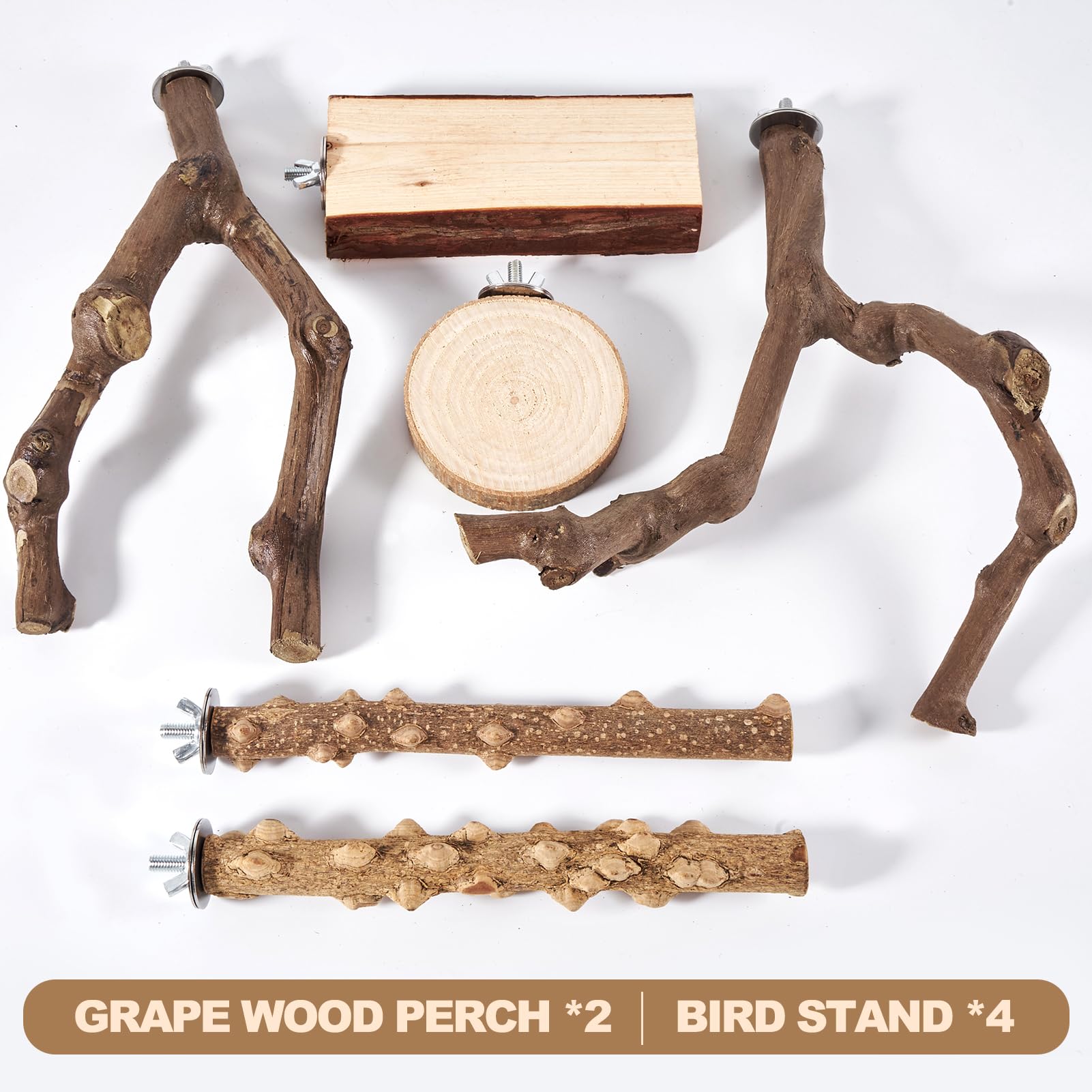 LIMIO 6PCS Bird Perch 2 Grape Stick Paw Grinding Fork Natural Wood Bird Stand 4 Parrot Stand Bird Toys for Parakeets Chewing Exercise Branches, Bird Cage Accessories for Cockatiels, Conure, Budgies